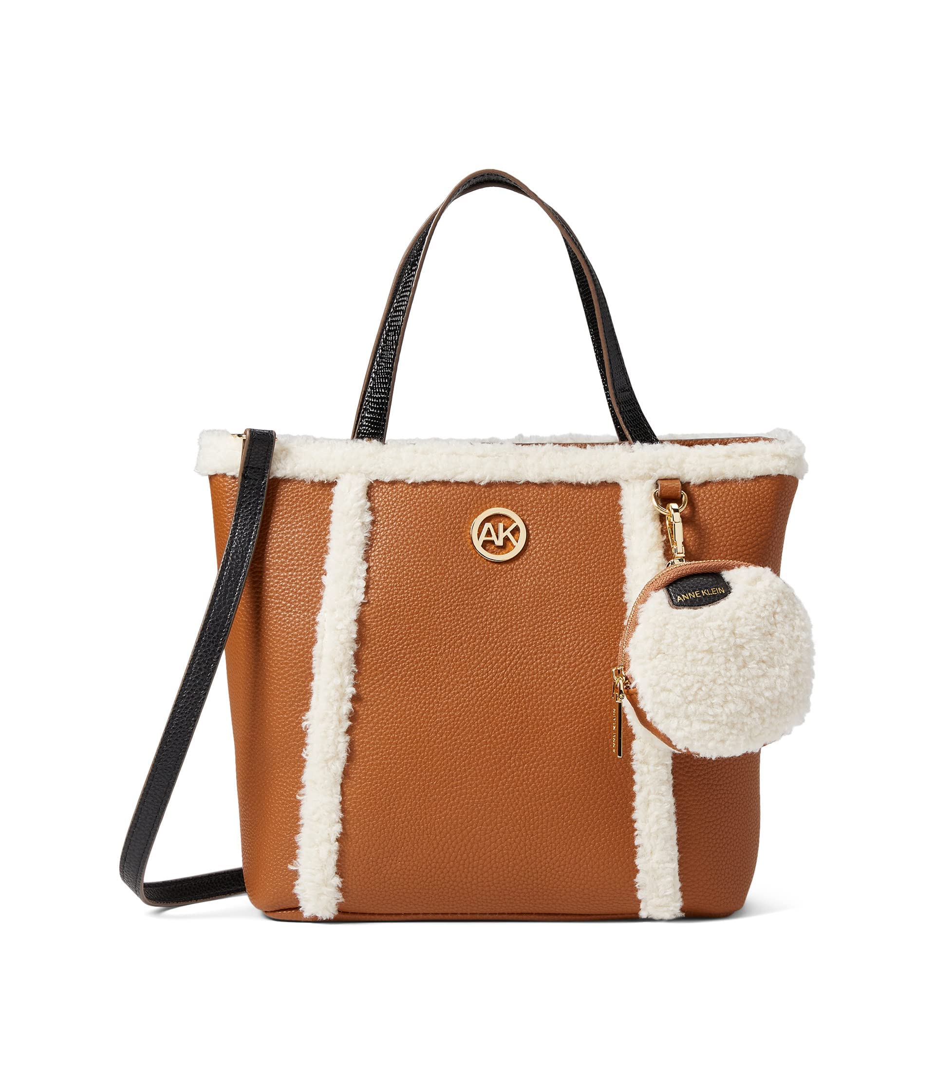Anne Klein Mini Tote, Cream Shearling w/Saddle-Black