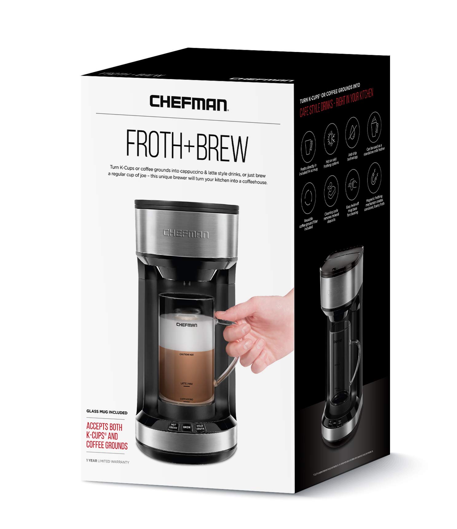 Chefman Froth + Brew Coffee Maker and Milk Frother Single Serve Brewer for K-Cup Pods & Grounds for Latte and Cappuccino Style Drinks, Compact 20 oz. Glass Mug and Reusable Filter Included, 21 oz