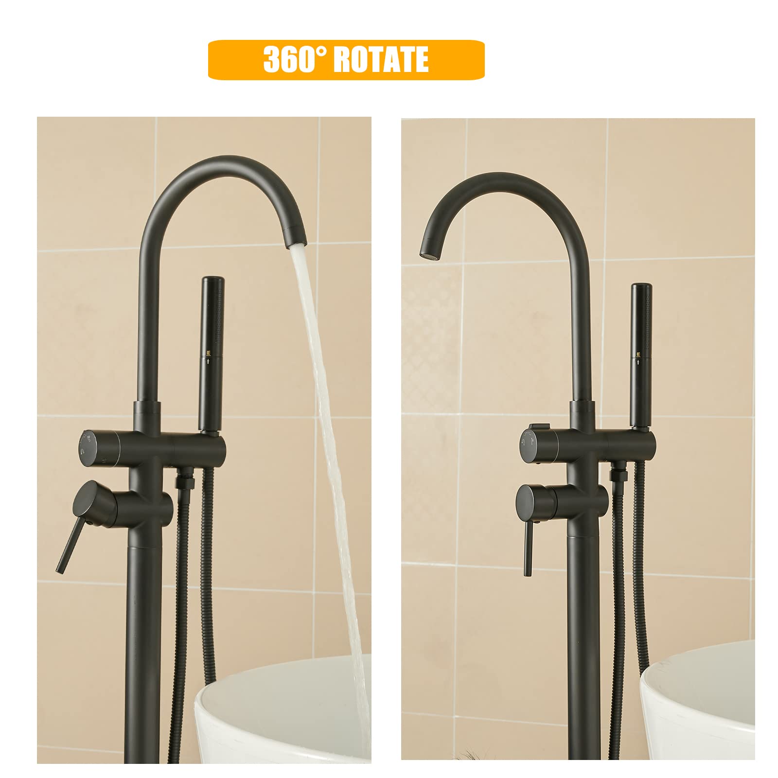 BESy Freestanding Bathtub Faucet Tub Filler Floor Mount Stand Brass Bathroom Tub Faucets with 2 Function Hand Shower Wand Swivel Spout, Matte Black Finish