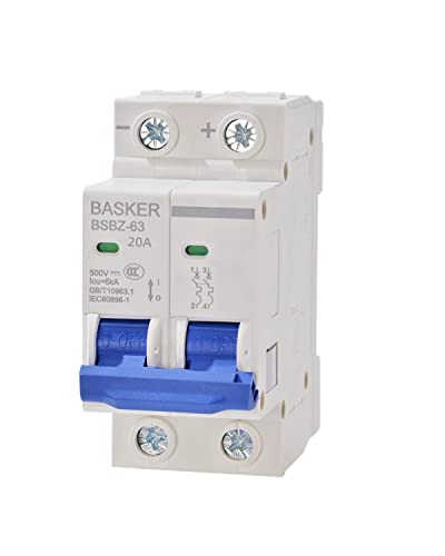 BASKER DC Circuit Breaker, 20Amp 2 Poles 500V Solar Disconnect Switch for Solar PV System Solar Panels Grid System, DIN Rail Mount, DC Breaker MCB (20A)