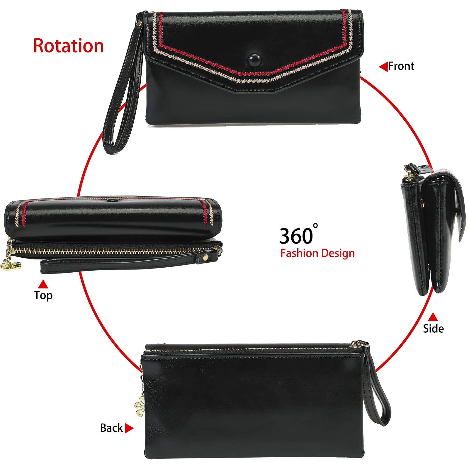 ENYISDAN Detachable Wristlet Wallets for Women 2-in-1 Long Purse Clutch Embroidery Leather Zip Black