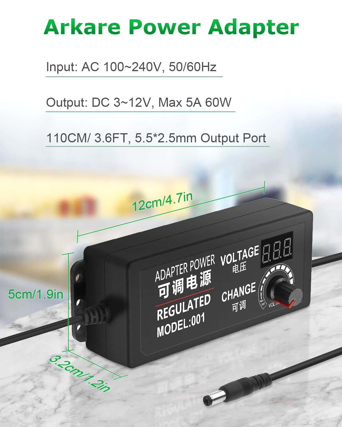 Arkare Universal Power Supply 3~12V 5A 60W AC 100-240V to DC 3V 4.5V 5V 6V 9V 9.5V 12V 1A 2A 3A 4A 5A Adjustable AC/DC Adapter with 15 Tips & Polarity Converter for USB Hubs CCTV camera speaker