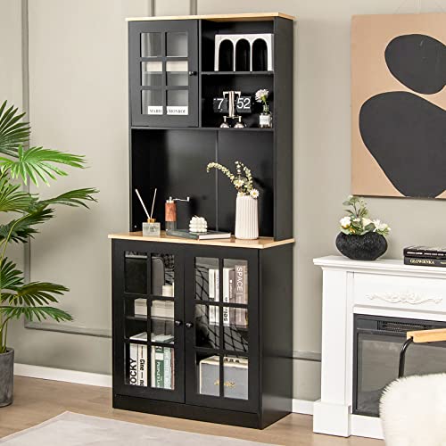 Byroce Kitchen Pantry with Cabinets & Open Shelves, Modern Tall Cabinet with Large Countertop, Glass Doors, Adjustable Shelves, Buffet Cabinet Cupboard for Kitchen, Living Room, Dining Room (Black)
