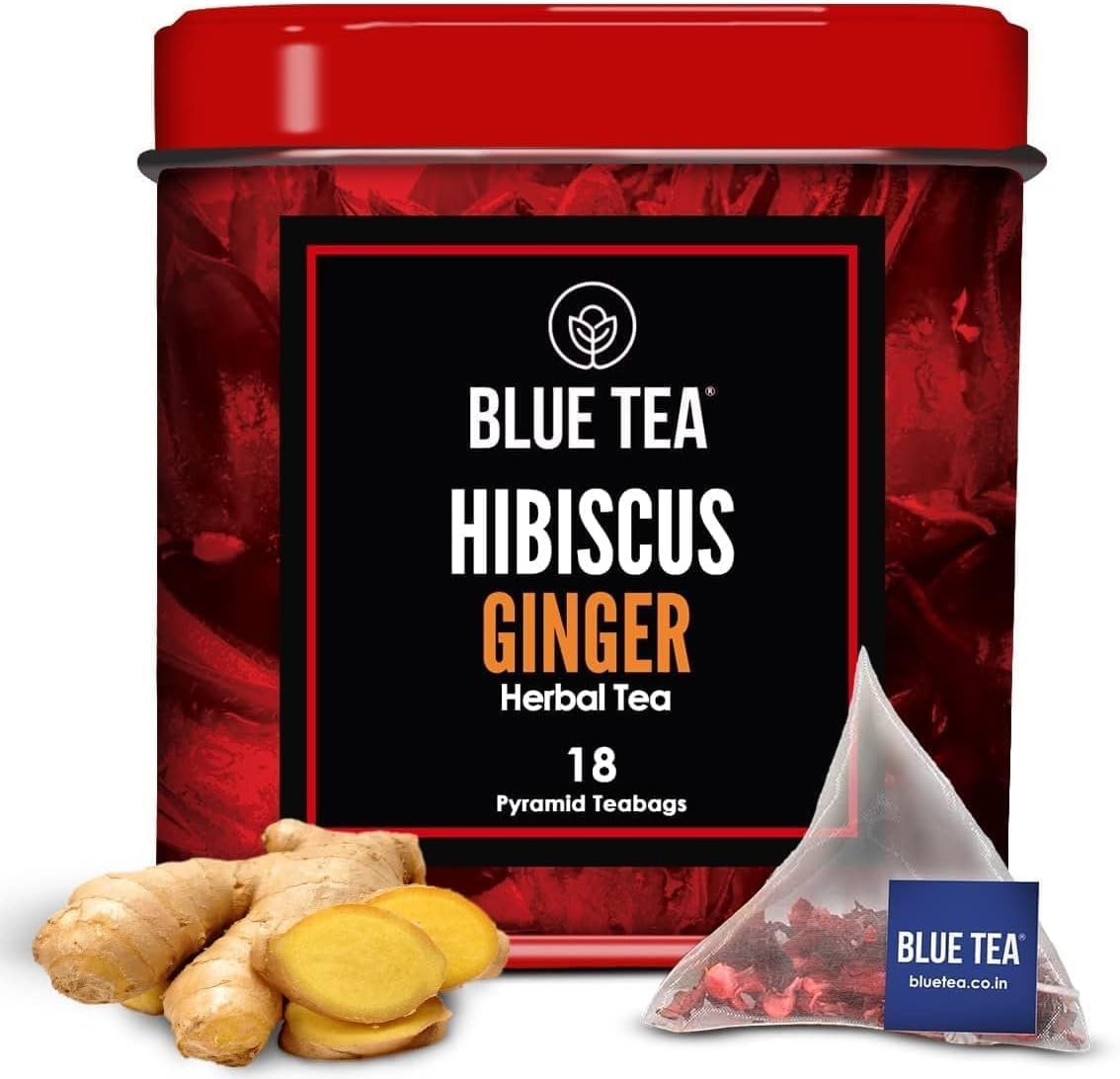 BLUE TEA - Hibiscus Ginger Herbal Tea - 18 Tea Bags | DETOX TEA | Caffeine & Gluten Free - Non-GMO | Tin Packaging |