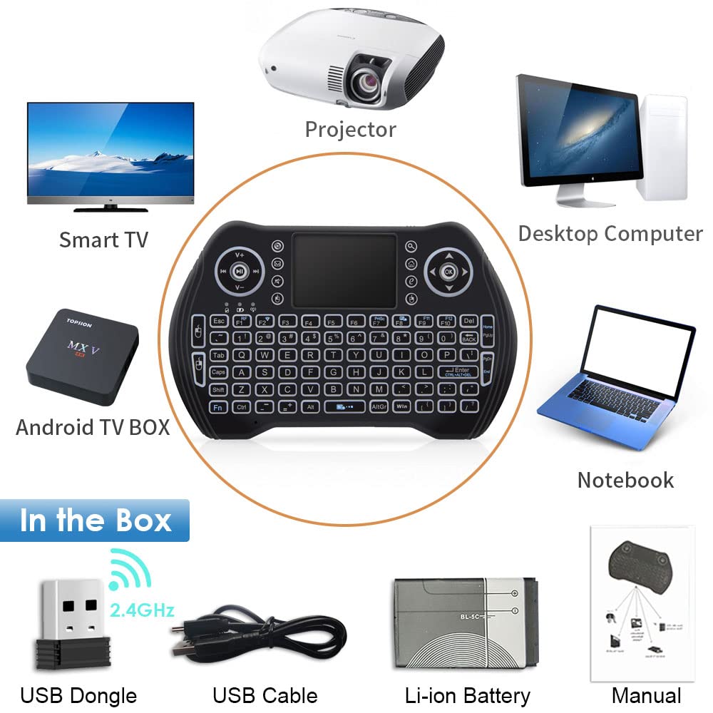BL Mini Wireless Keyboard Remote Control with Touchpad Mouse Combo, Backlit 2.4GHz Mini Keyboard Wireless USB Dongle Rechargeable Li-ion Battery for Android TV Box Smart TV PC PS3 Windows MacOS X-Box