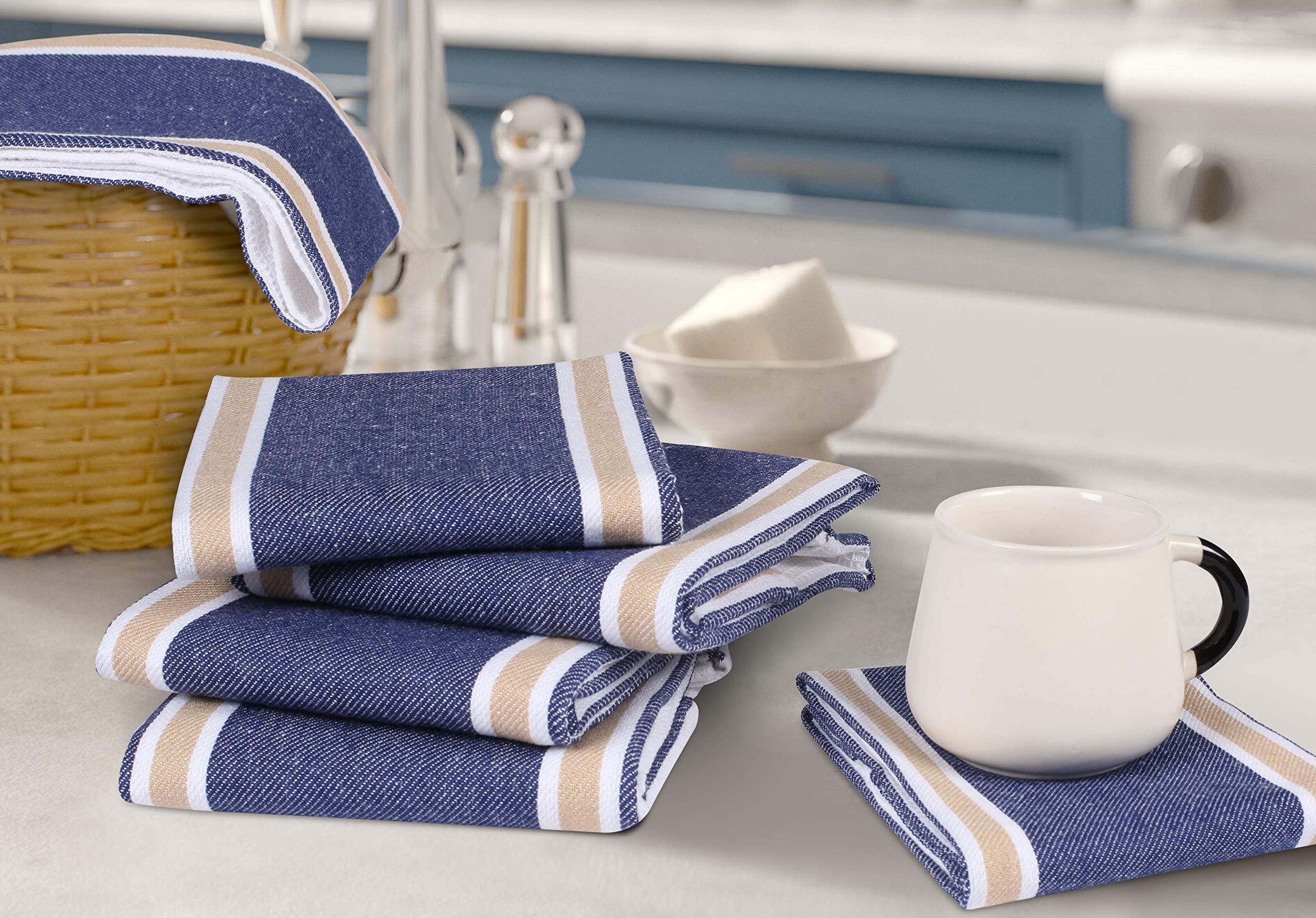 Bedding Craft- Set of 6 Blue/Beige Waffle Stripe Kitchen Towel – Absorbent Cotton Dishcloths for Drying Dishes, Farmhouse Kitchen Decor, Bar Towels, and More