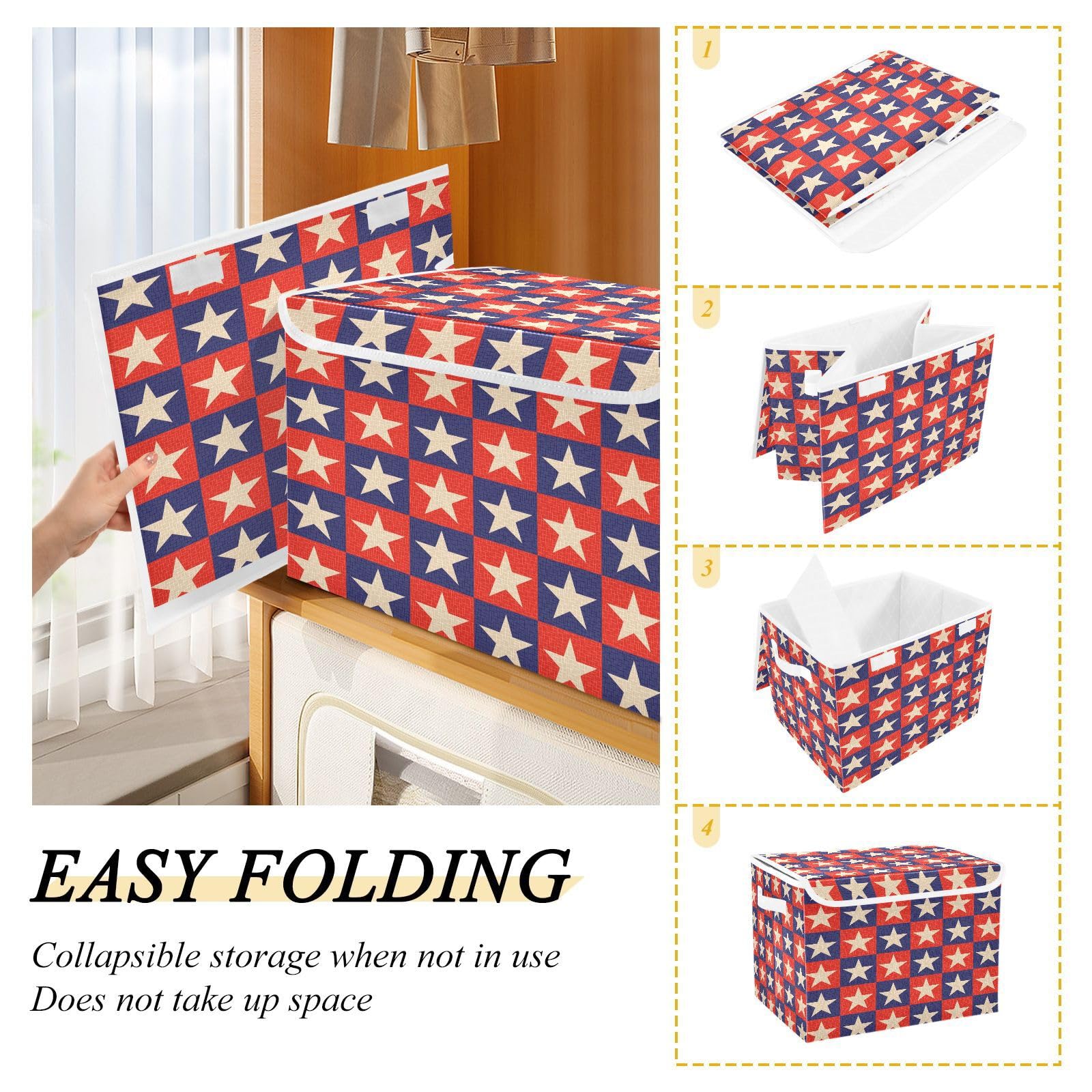 Patriotic Stars Storage Bins with Lids and Handles, Foldable Storage Box Storage Basket with Cover Collapsible Organizer Containers for Home Closet, Shelves