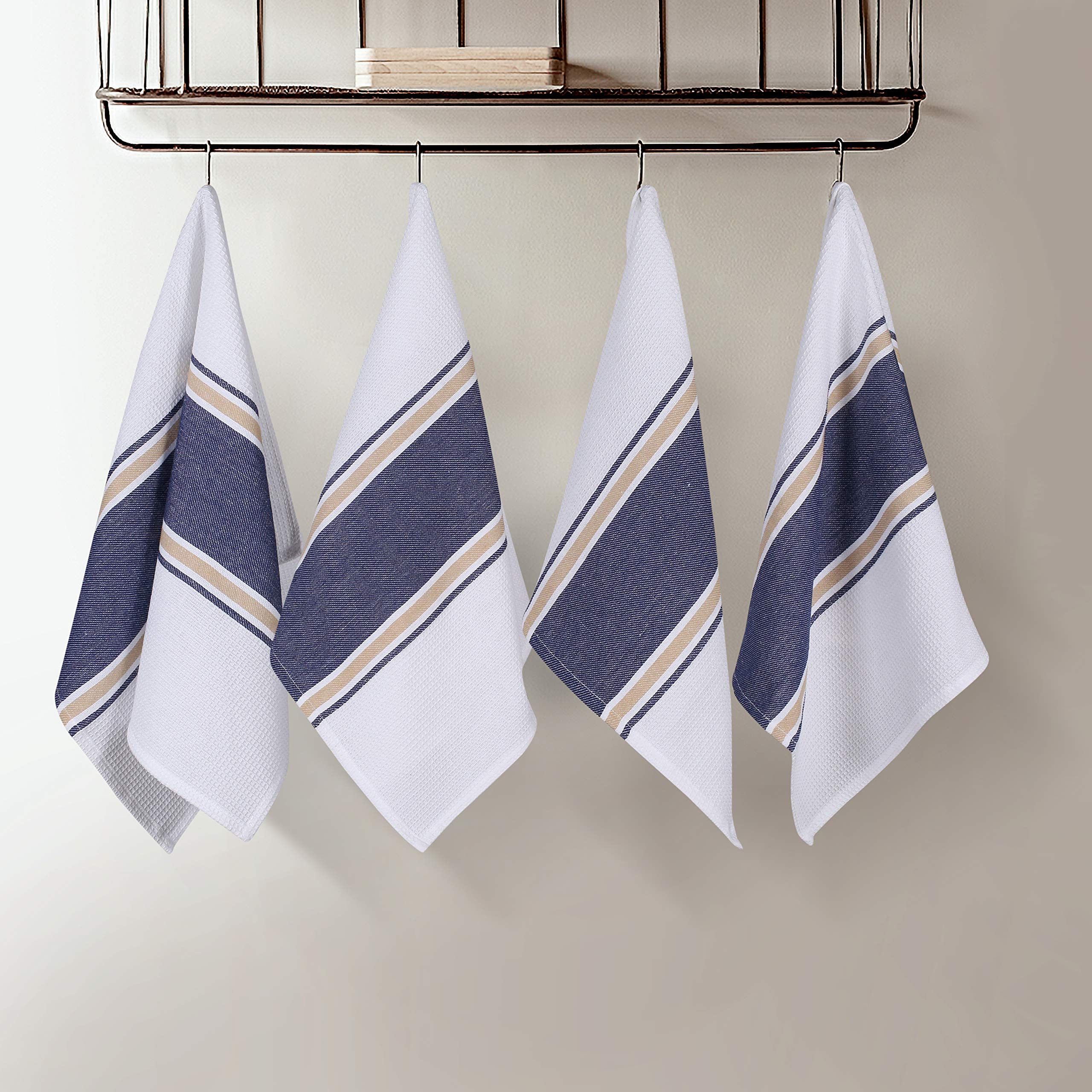 Bedding Craft- Set of 6 Blue/Beige Waffle Stripe Kitchen Towel – Absorbent Cotton Dishcloths for Drying Dishes, Farmhouse Kitchen Decor, Bar Towels, and More