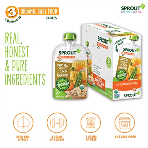 Sprout Organic Baby Food, Stage 3 Pouches, Sweet Pea & White Bean Plant Powered Protein, 4 Oz Purees (Pack of 6)
