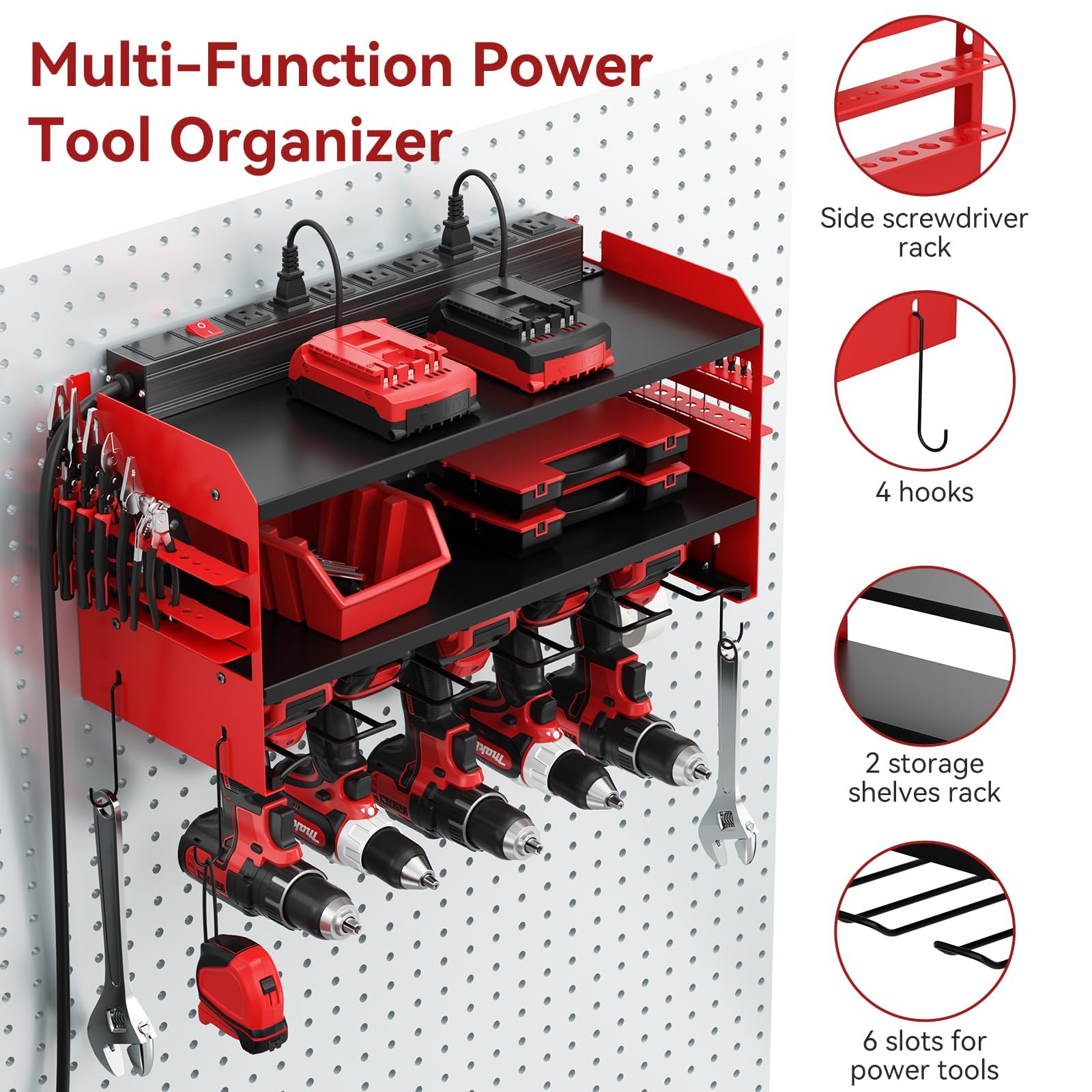 Kungfuking Power Tool Organizer Wall Mount with Charging Station,Garage Drill organizer Built in 8 Outlet Power Strip,5 Drill Storage Shelf with Hooks, Screwdriver, Power Tool Rack for Men (Yellow)