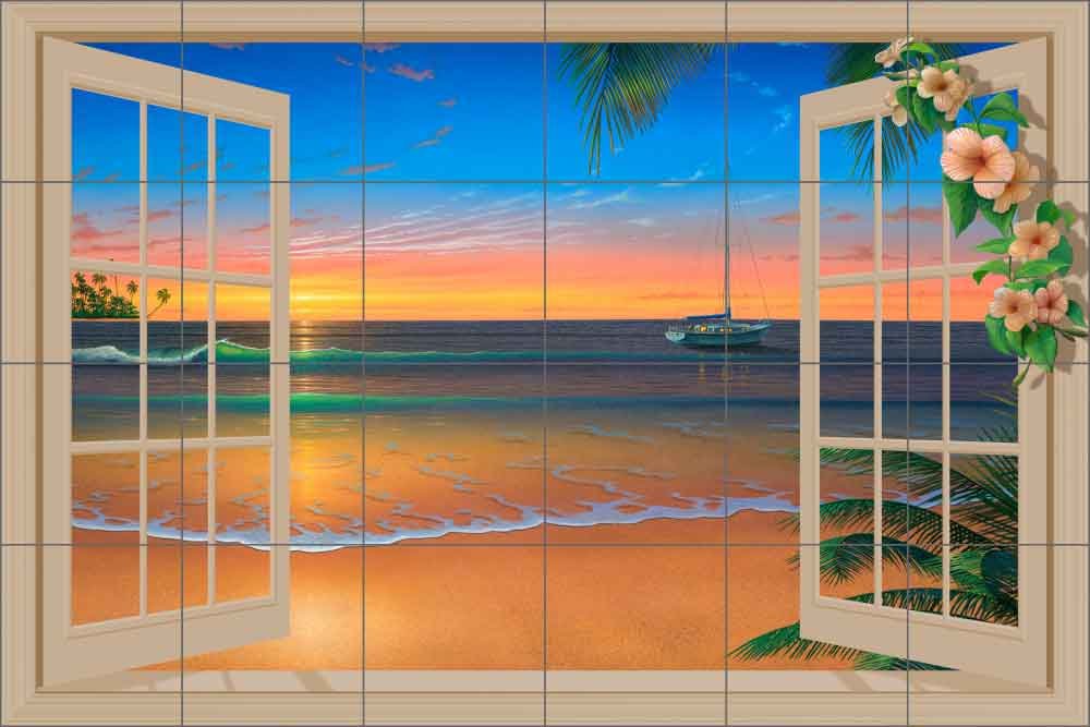 Ceramic Tile Mural Backsplash - Tropical Art - Sunset Through Window with Flowers by David Miller - Kitchen Bathroom Shower (48" x 32" - 8" Tiles)