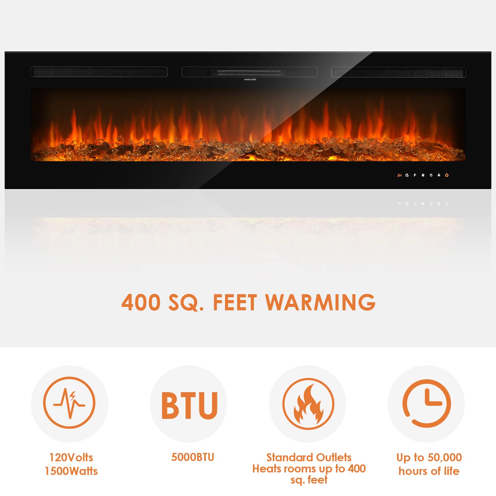 AthLike 60'' Recessed and Wall Mounted Electric Fireplace, 750/1500W Low Noise Linear Heater, with Multicolor Flame and 5 Flame Brightness, Log&Crystal, Touch Screen Remote Control,1-8h Timer, Black