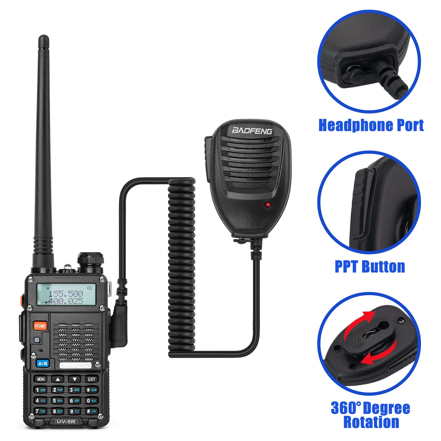BAOFENG UV-5R 8-Watt Radio (UV-5R 3rd Gen) with Programming Cable and High-gain Antenna, Long Range Handheld Ham Radio with Earpiece and Hand Microphone (2 Pack)