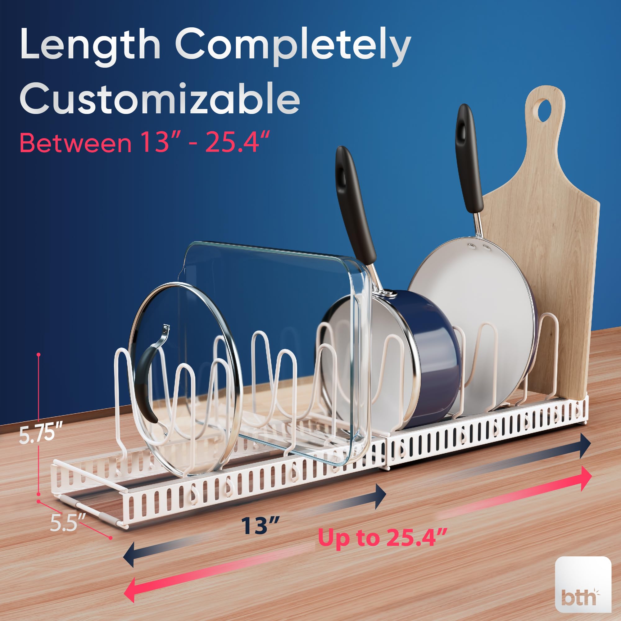 Better Things Home 12+ Expandable Pan and Pot Lid Organizer Rack for Cabinet, Pot Lid Holder Pot Organizers Inside Cabinet, Pots and Pans Organizer Under Cabinet (Off White, LID ORGANIZER)