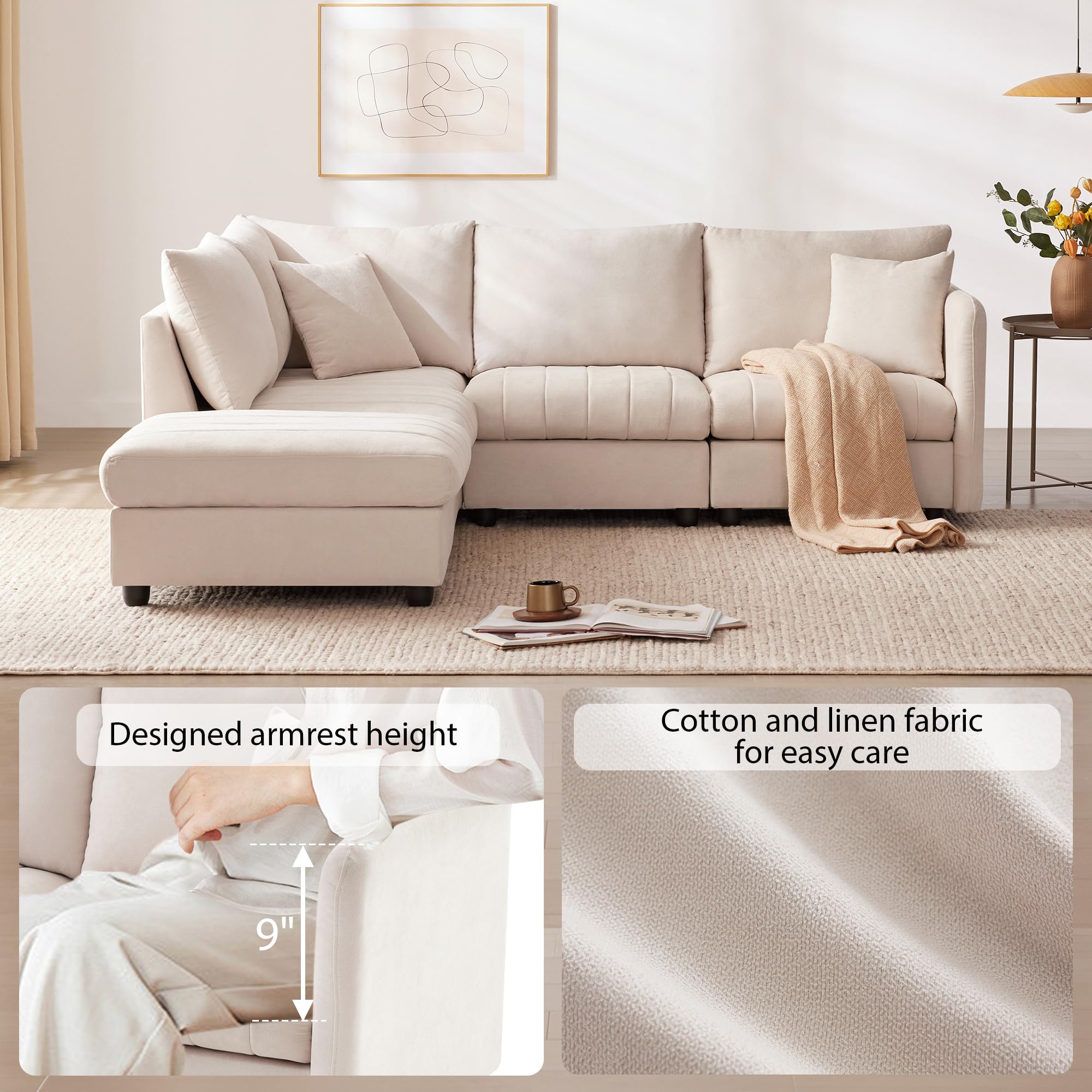 BOSTANA Convertible Sectional Sofa Couch,2 Pillows,5-Seat Couch with Convertible Ottoman,Various Combinations,L-Shape Indoor Furniture for Living Room,Apartment,Office(Beige)