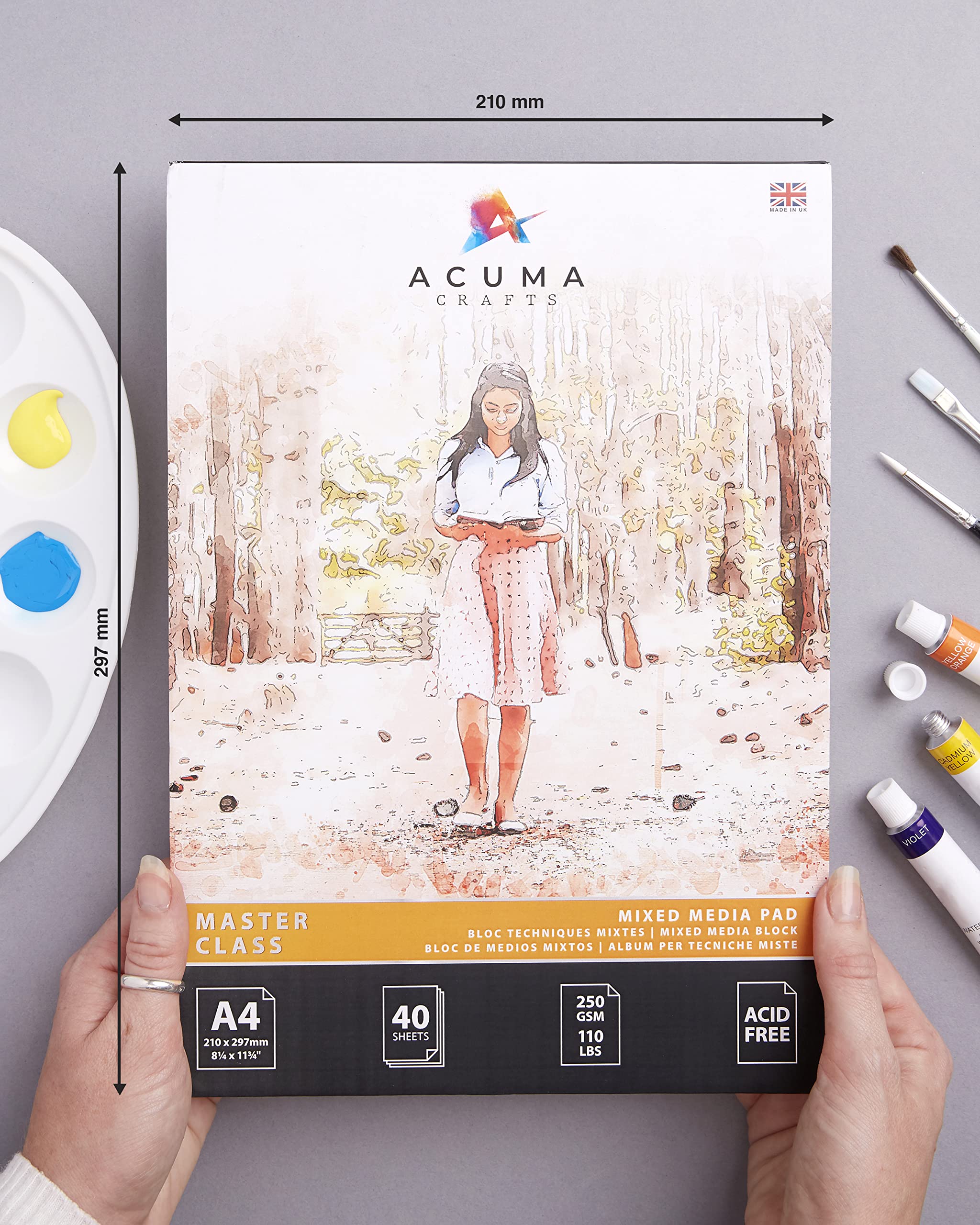 Mixed Media Paper Art Pad, 40 Sheets, A4 Size 110 lb/250 GSM, Glue Bound, Bleedproof, Acid Free, Cold Pressed for Artists Wet, Mixed Media Drawing and Techniques, Made in UK by Acuma Crafts
