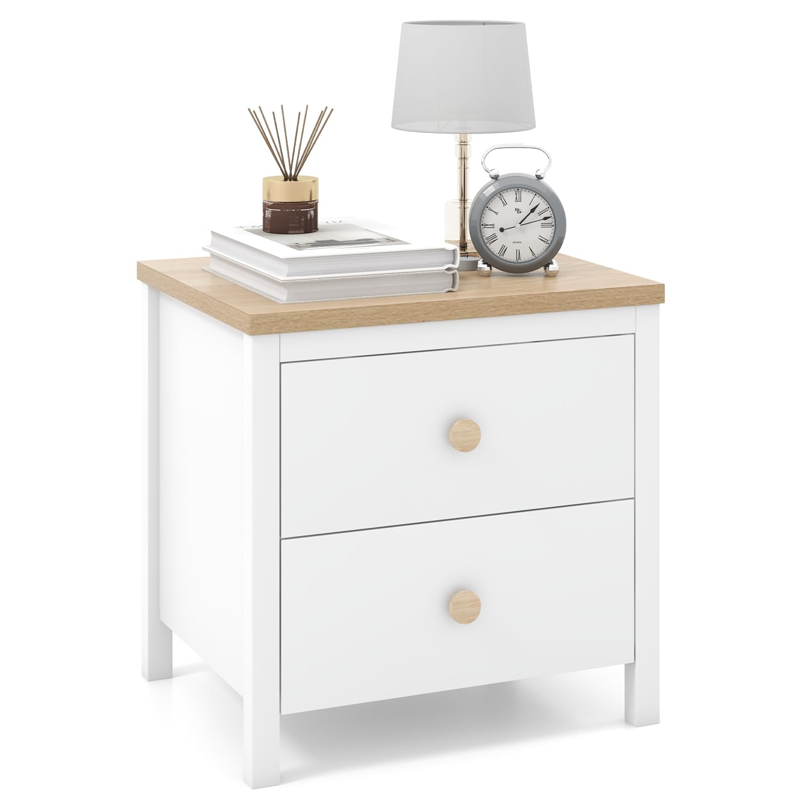 Giantex Night Stand with 2 Drawers, Farmhouse Bedside Table with Cute Round Knobs, Wooden Floor End Table with Rubber Wood Legs, Small Sofa Side Table for Small Space Kids Bedroom College, White