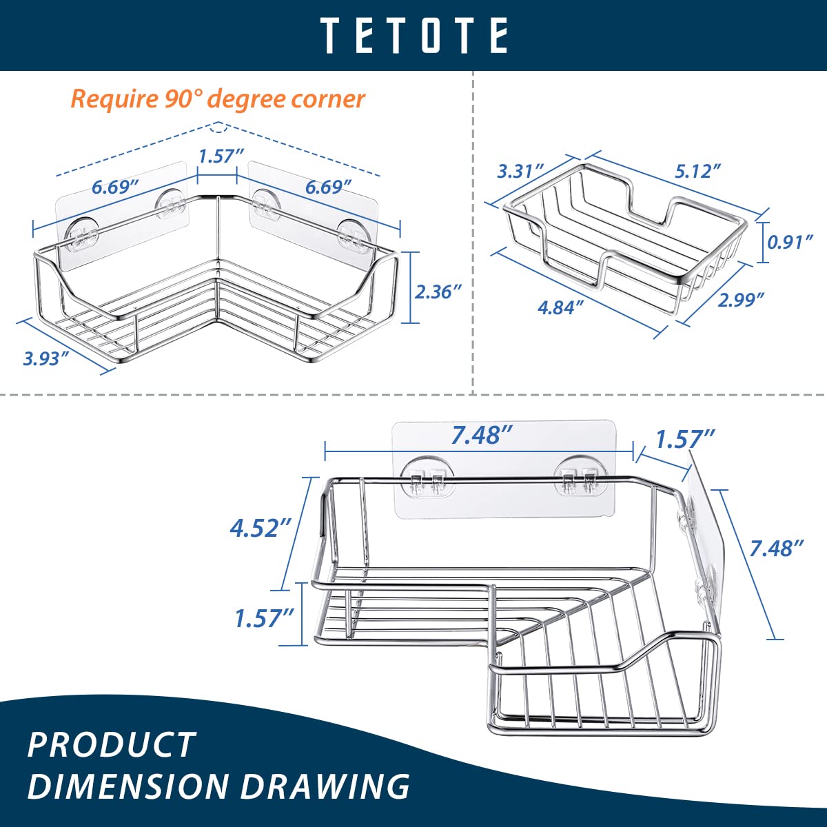 TETOTE Adhesive Shower Caddy,2-Pack,Adhesive No Drill Rack Silver Floating Shower Shelf with Hooks,Suction,Stainless Steel,Shower Organizer for Bathroom Camper RV