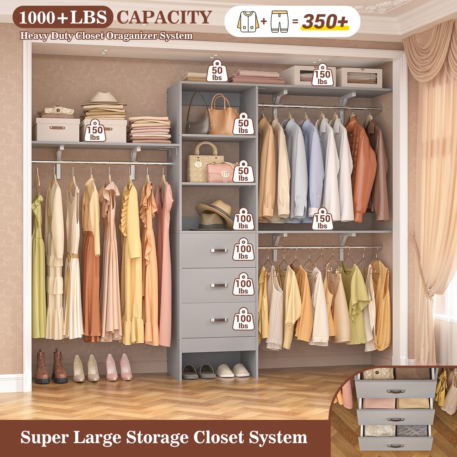 iSunirm 8FT Closet System, 96'' Closet Organizer System with 3 Hanging Rods, Wall Mount Bedroom Wardrobe with 3 Drawers Walk-in Closet, Adjustable Cloth Garment Rack from 5 to 8FT (Cut to Fit), Grey