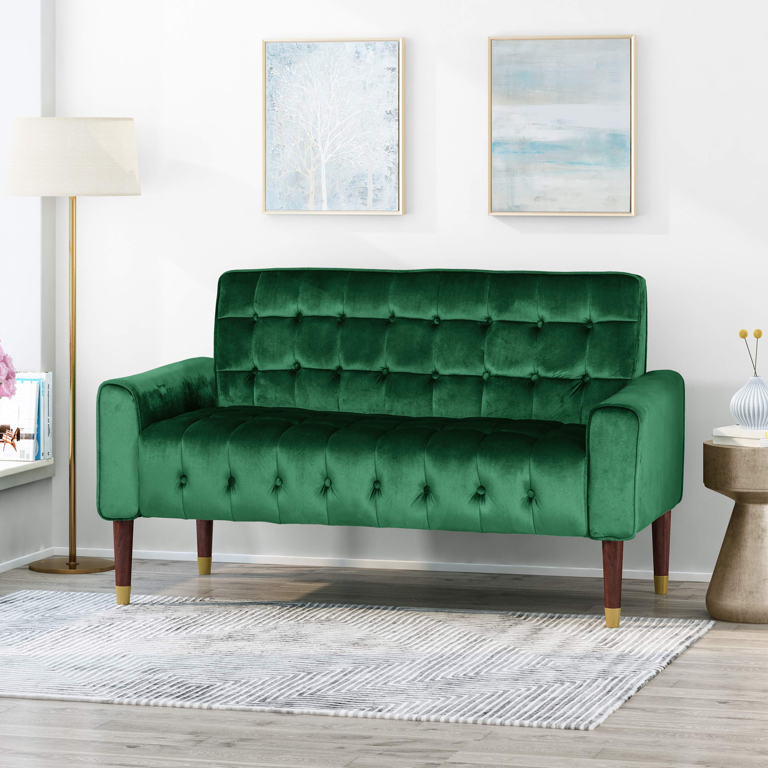 Christopher Knight Home Aubrie Tufted Velvet Loveseat Tipped Tapered Legs, Emerald and Gold Finish