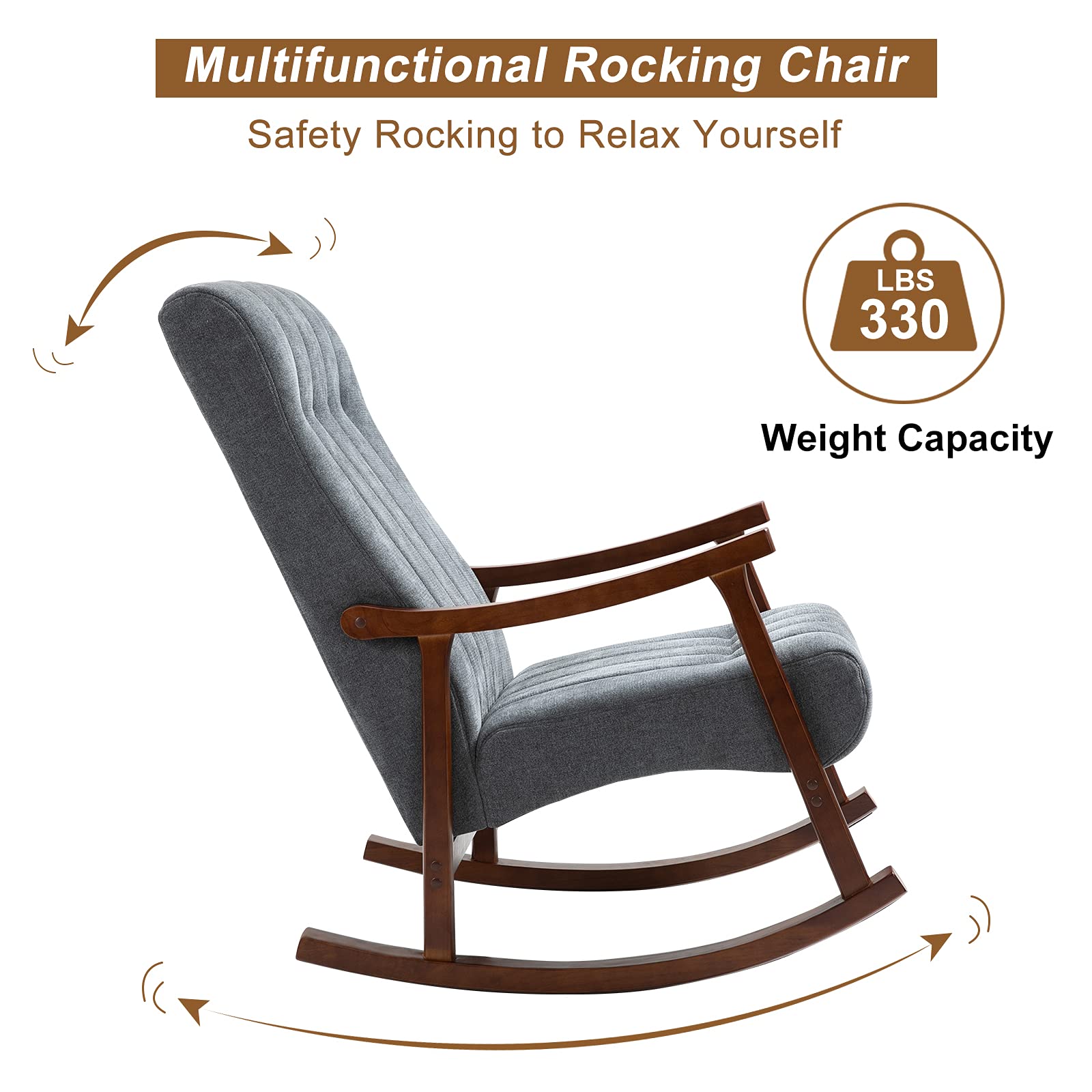 AVAWING Upholstered Rocking Chair with Fabric Padded Seat,Comfortable Rocker Solid Wood for Living Room,Modern High Back Armchair,Adult Single Sofa,Old Man Chair (Dark Grey)