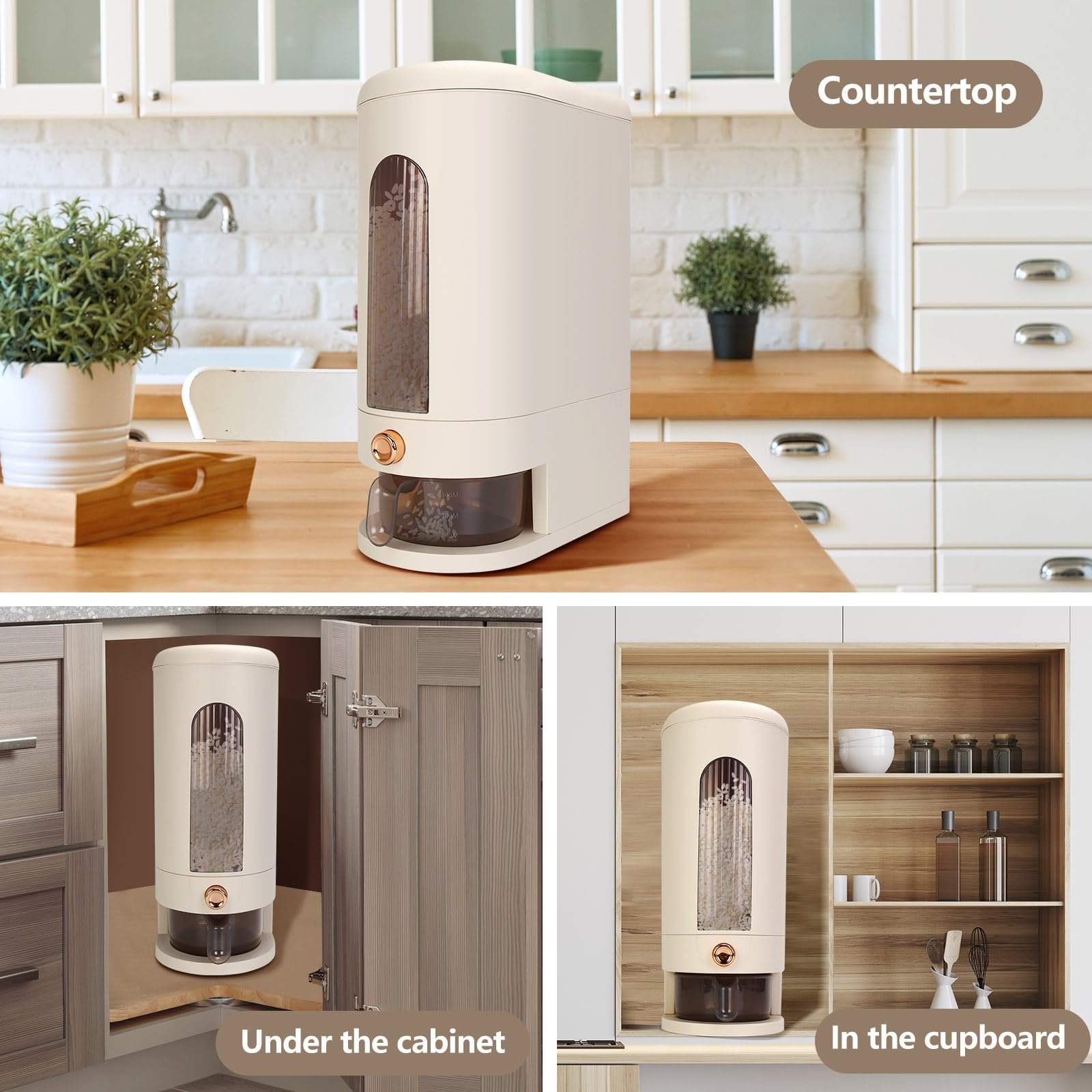 Triiter 25Lbs Rice Dispenser,Large Rice Container with Measuring Cup,Moisture Proof Cereal Dispenser Storage with Time Scale,Dry Food Dispenser,Kitchen Organization Home Pantry Rice Corn(Cream White)
