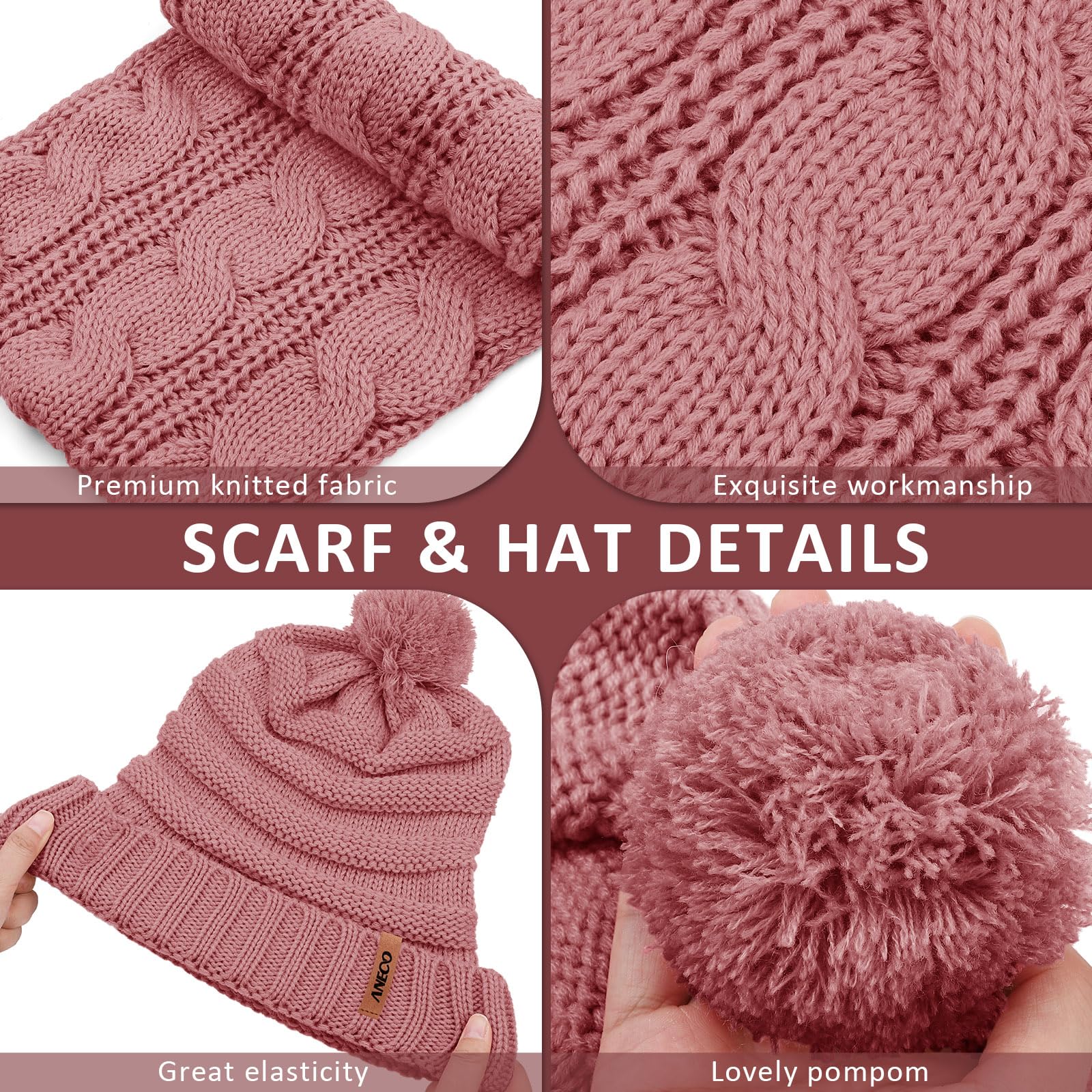 Aneco Winter Warm Knitted Scarf Beanie Hat and Gloves Set Men & Women's Soft Stretch Hat Scarf and Mitten Set