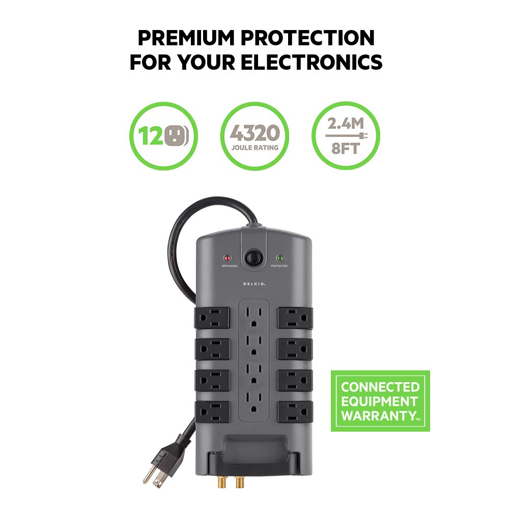 Belkin Surge Power Strip Protector - 8 Rotating & 4 Stationary AC Multiple Outlets - 8 ft Long & Power Strip Surge Protector with 8 Rotating AC Outlets - 6 ft Long Flat Pivot Plug - (2,160 Joules)