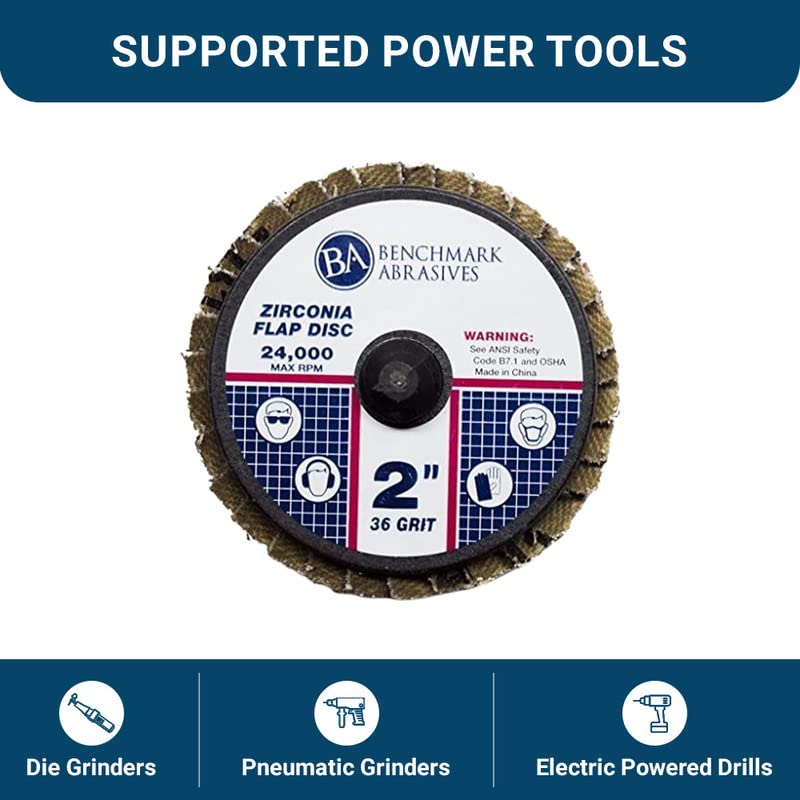 Benchmark Abrasives 2" Quick Change Zirconia Flap Disc Grinding Wheel with Male R-Type Back Design for Cleaning Finishing Deburring of Irregular Surfaces (Pack of 10) - 36 Grit