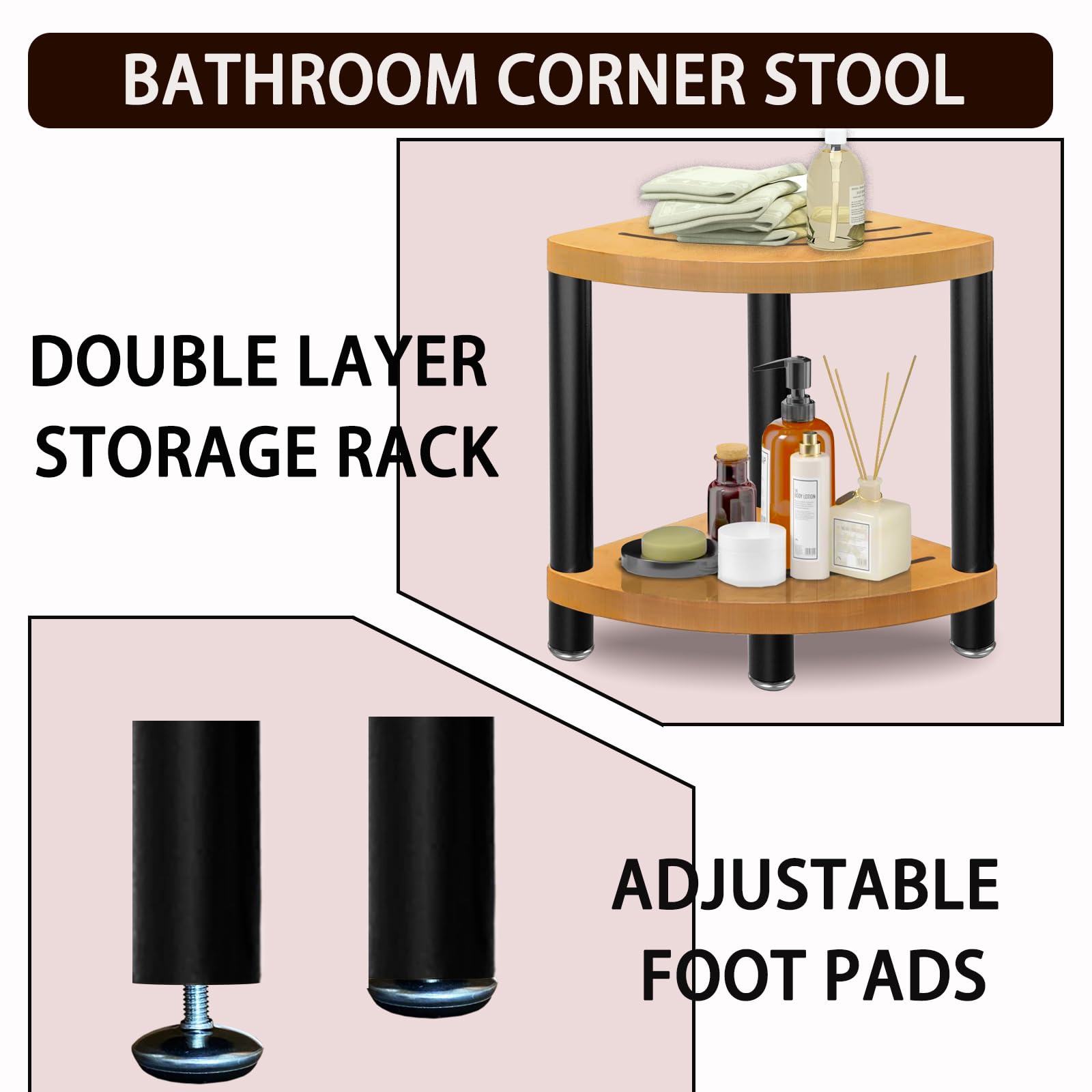 Corner Shower Bench with Storage Shelf,Waterproof Bamboo Corner Shower Stool for Shaving Legs,Sturdy and Non-Slip Shower Chair for Bathroom,Adjustable Feet Bath Step Easy Assemble Shower Seat (Black)