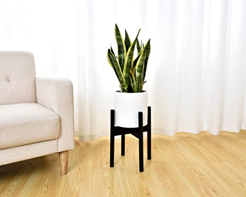 AUGOSTA Bamboo Adjustable Planter Tray Included, Mid Century Modern Indoor Plant Stand, Fit 8 9 10 11 12 inch Pots, Plant Pot Not Included (Black)