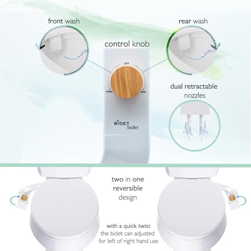 BIDETbidet Left/Right Reversible FRESH WATER Non-Electric Ultra-Slim Toilet Attachment, Ability to SWITCH between Right/Left Hand Side Control with Dual Nozzle Hinged Design, Hassle-Free Installation