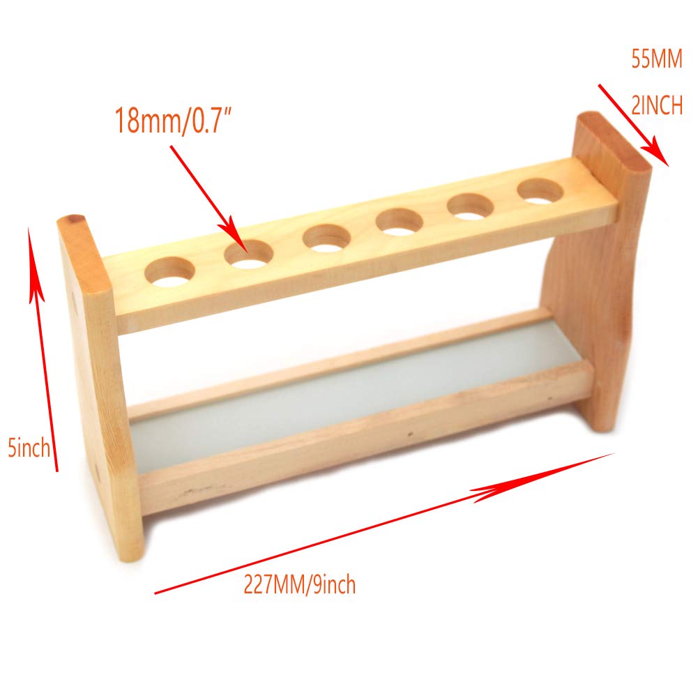 Chiloskit 0.7" (18mm) Holes Wood Wooden Test Tube Rack Holder Stand for API 10ml 25ml Test Tubes Lab Tube Racks Pen Holder (10ml 6Slots)