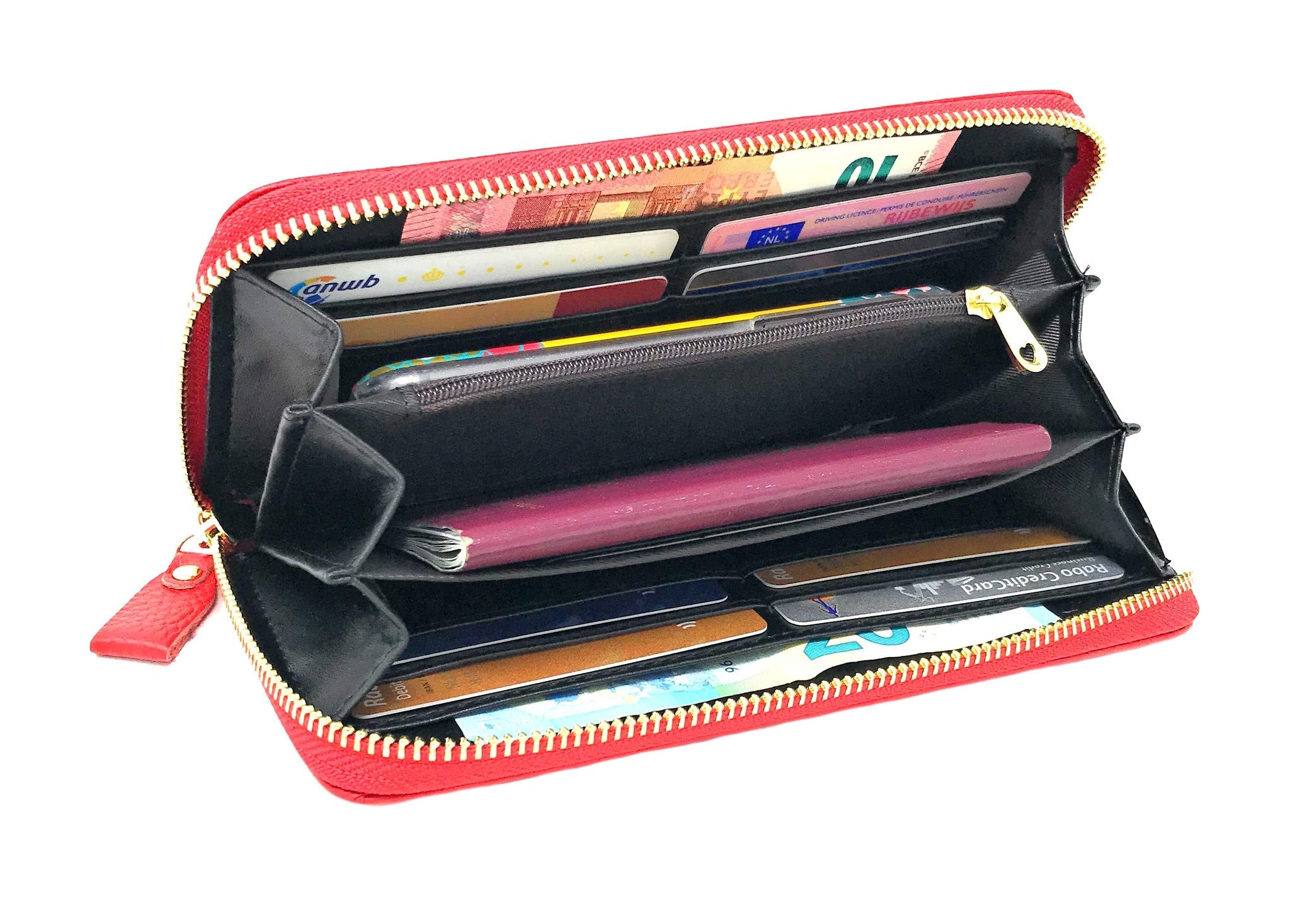 Su.B.dgn RFID Wallet Women, Leather, Travel Wallet with Wristlet, Fits Passport, Phone, Banknote | Red