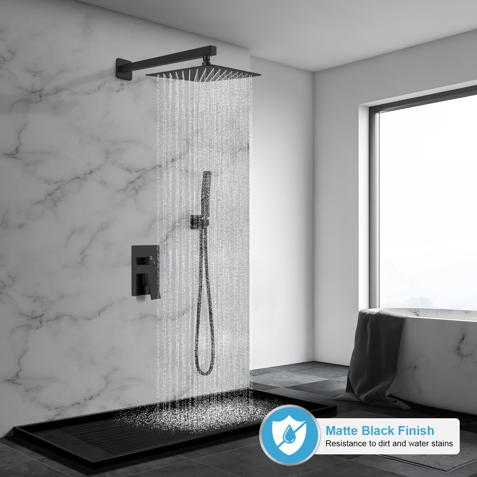 Baetuy 12 Inch Shower Faucet Set, Rainfall Shower System with High Pressure Handheld and Square Fixed Shower Head,Spray Wall Mounted Shower Fixtures