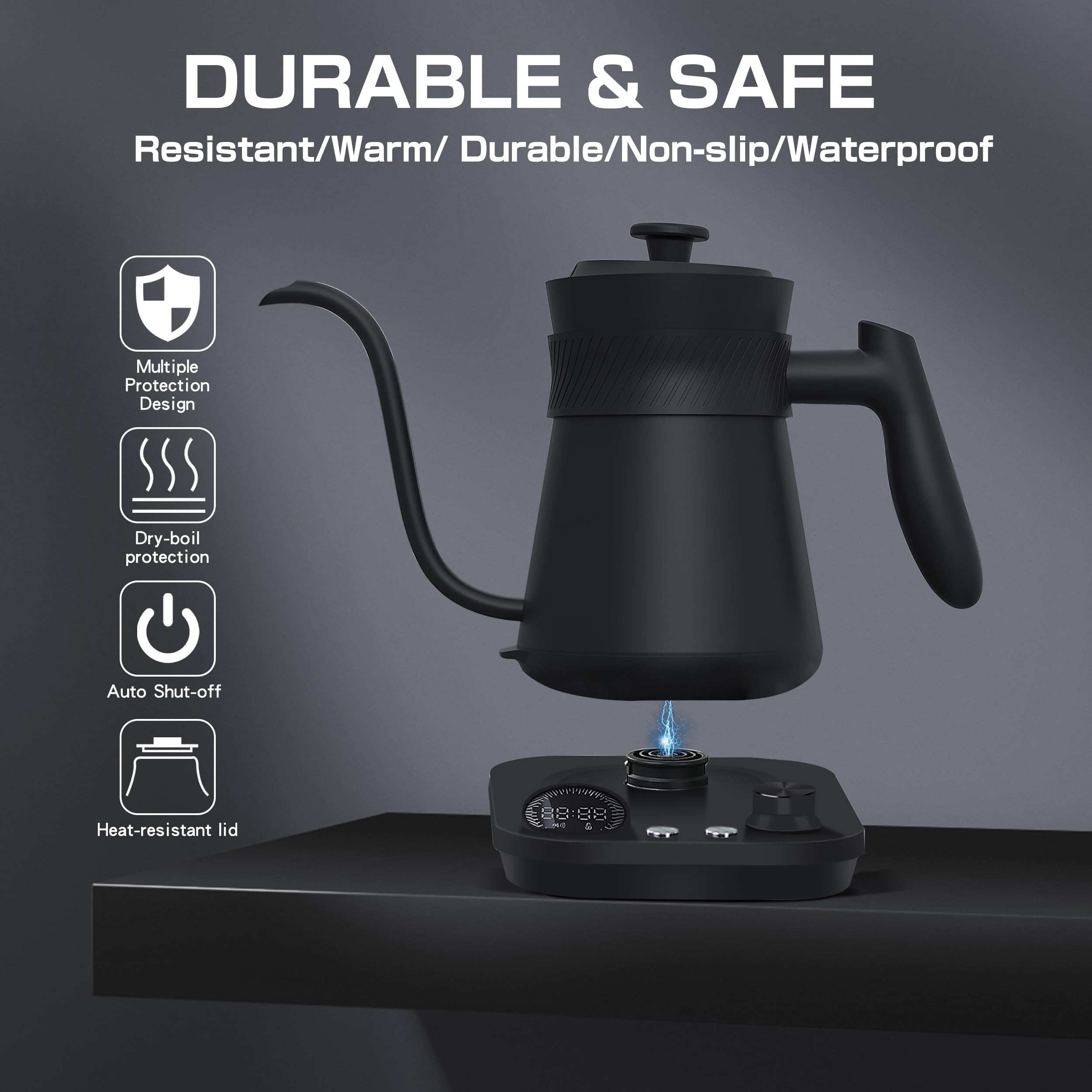 Potlimepan Electric Kettle, 0.8L Temperature Control Electric Kettle with LED Screen, 1200W Quick Heating Gooseneck Pour Kettle with Stainless Steel Interior, Smart Kettle for Coffee & Tea, Black