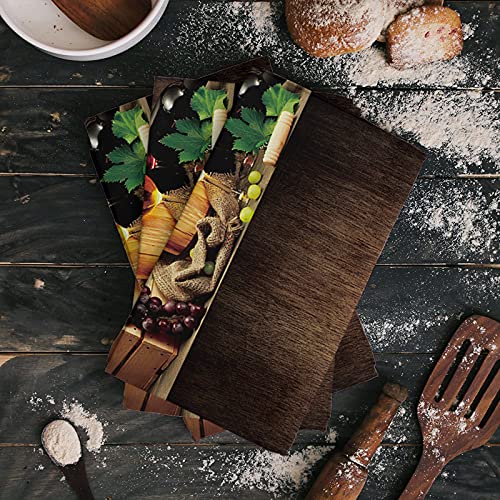 BEKYONEE Kitchen Towels 4 Pack 18×28in-Super Absorbent Dish Cloth Wine Grape Glass and Barrel Soft Dish Towel for Home Drying Dishes Vintage Wooden Board Tea Bar Hand Towels Cleaning Cloths
