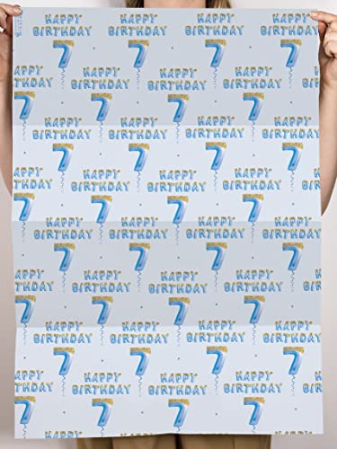 CENTRAL 23 Boys Wrapping Paper Birthday - Age Seven - 6 Sheets Blue Gift Wrap - Happy Birthday Wrapping Paper For His 7th Birthday - Comes With Stickers - Recyclable