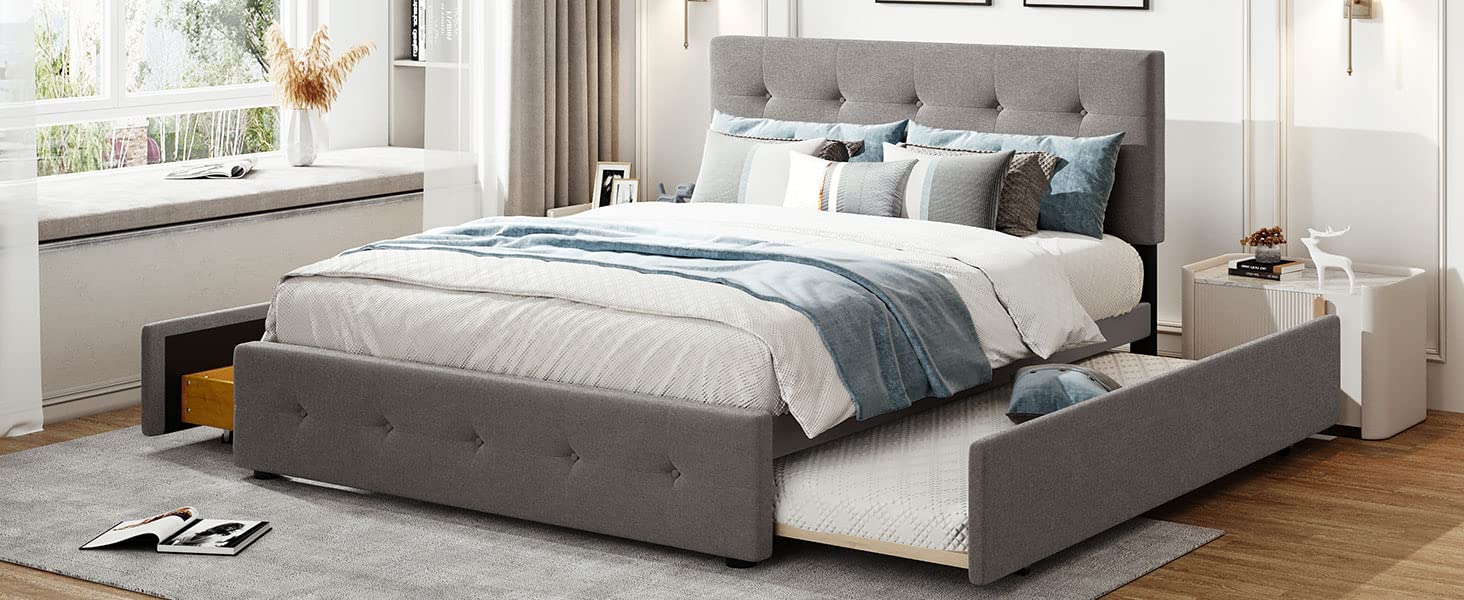 Bellemave Queen Size Platform Bed, Queen Linen Fabric Upholstered Platform Bed Frame with 2 Storage Drawers and 1 Twin XL Trundle, Ideal Bedroom Furniture, No Box Spring Needed (Light Gray)