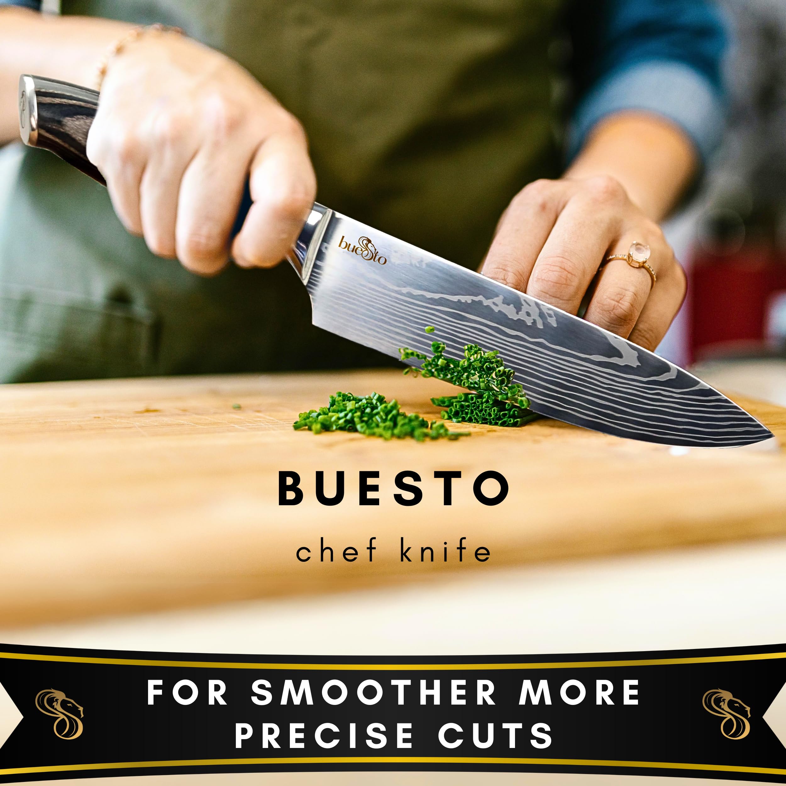 BUESTO Professional Chef Knife - 7cr17mov HC Japanese Knife - 8'' Kitchen Knife - Chefs Knife with Knife Sharpener - Ergonomic Handle Sharp Knife - Unique Gifts for Men and Women - Premium Gift Box