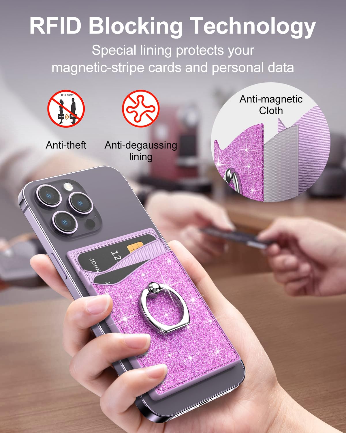 Anfauny MagSafe Phone Wallet - Leather Magnetic Cell Phone Wallet Card Holder with 360°Rotation Ring Phone Stand & RFID Blocking Compatible with iPhone 15/14/13/12 Series & MagSafe Cases - Purple