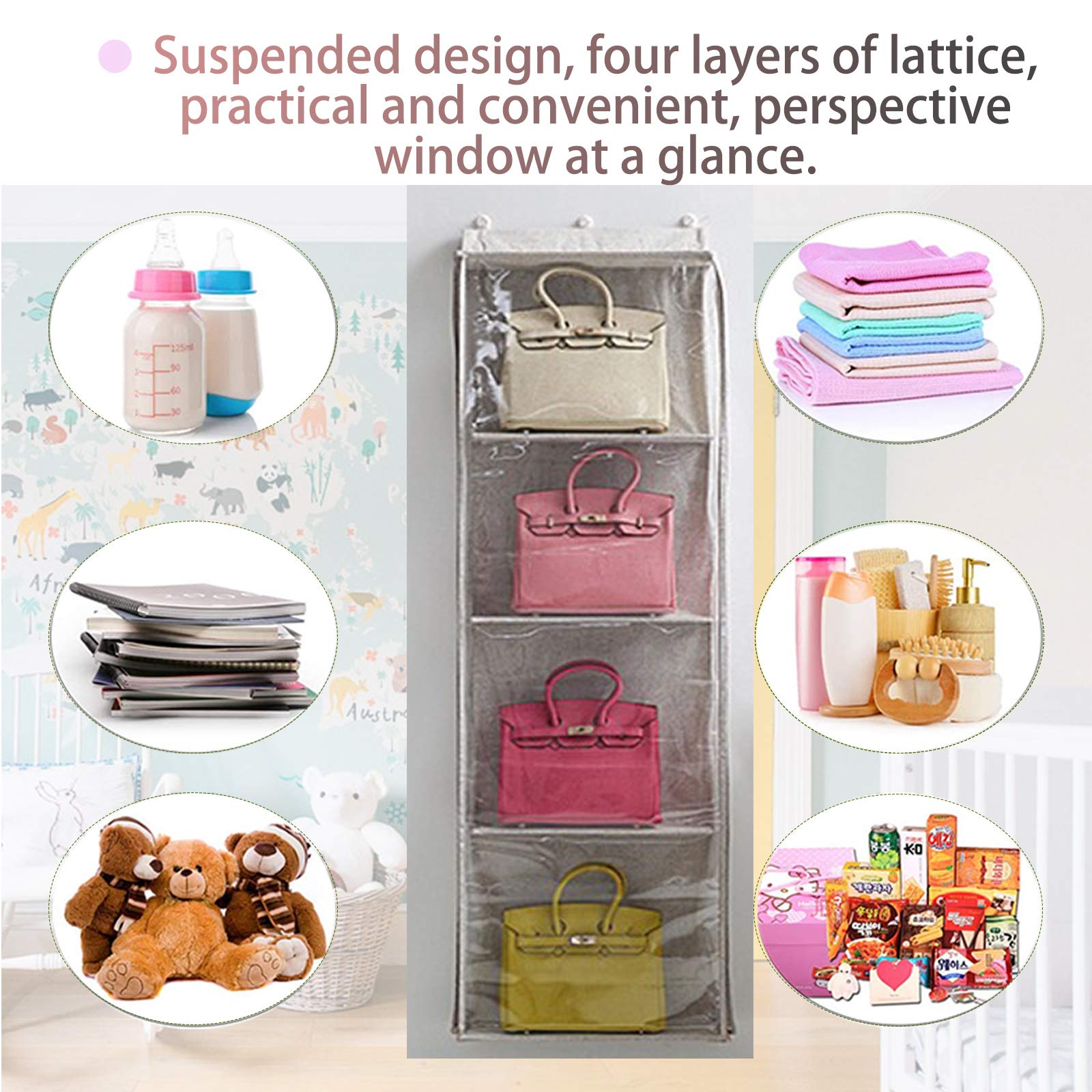 Handbag Organizer Storage Purse Bag Hanger with 4/5 Easy Access Deep Pockets Fully Sealed with Zipper dust-Proof for Closet Wall…(Gray, 4 Pockets)
