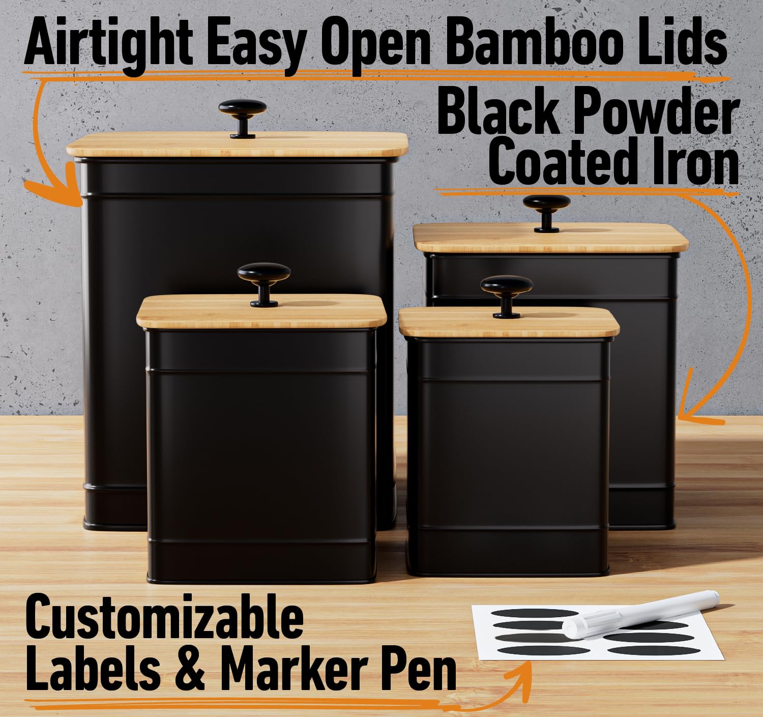 Kitchen Canisters for Countertop Set of 4 with Customizable Chalkboard Labels & Marker Pen - Big Iron Kitchen Canisters with Airtight Lids - Canisters Sets for the Kitchen - Black Kitchen Canister Set