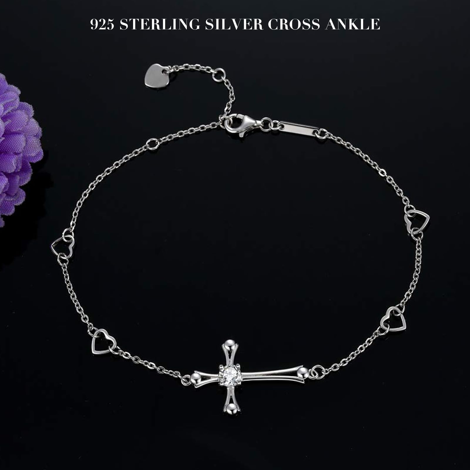 Cross Ankle Bracelet For Women, 925 Sterling Silver Charm Adjustable Foot Anklet, Large Cross Bracelet (One Cubic Zirconia Diamond Cross)