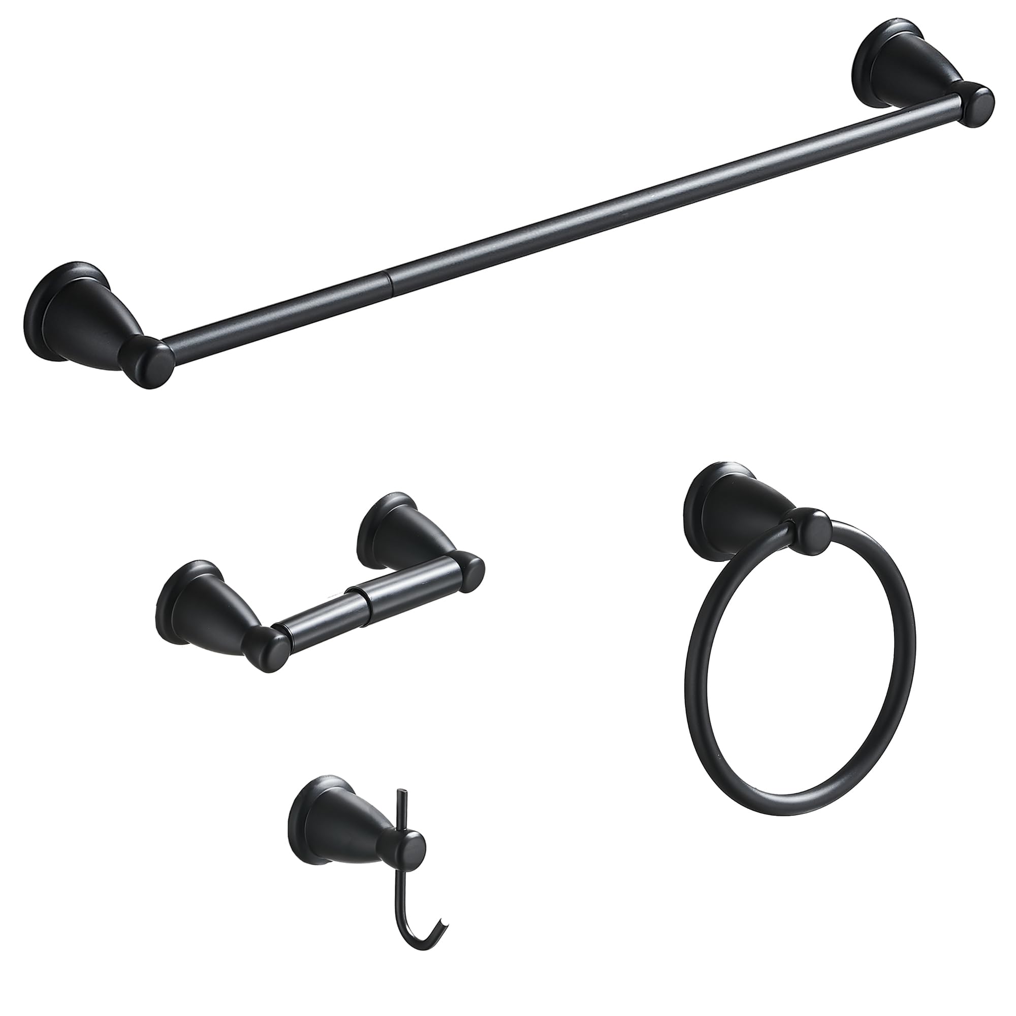 Bathroom Hardware Set, Matte Black 23.6 Inches Adjustable Expandable Towel Bar 4-Piece Bathroom Accessory Set Wall Mounted Robe Hook Toilet Paper Holder Towel Ring Towel Bar