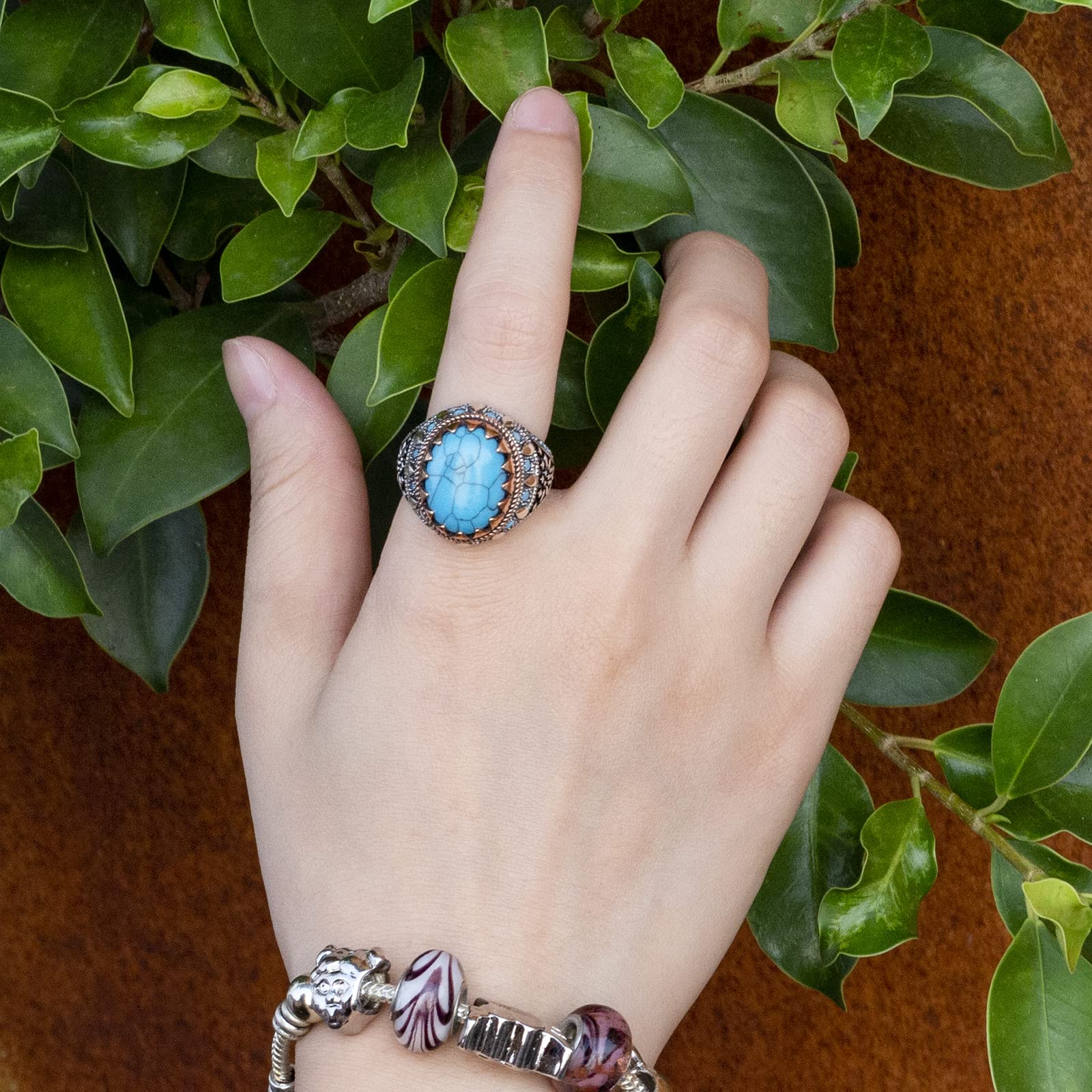 AROTOROM Turquoise Stone 925 sterling silver ring with Oval Sky Blue Stone Ring Life Track Significance Turkish Handmade Jewelry (Size 10)