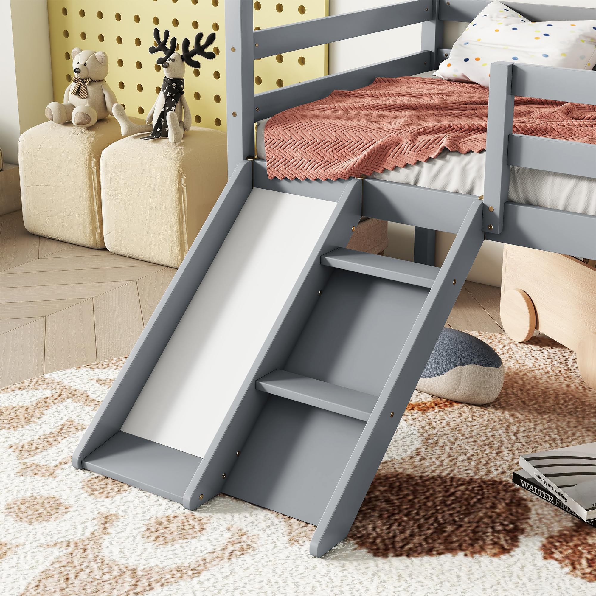 Bellemave Twin Size Kids Low Loft Bed,House Loft Bed with Slide and Ladder,Solid Wood Low Loft Bed with Safety Guardrails for Girls Boys,Grey