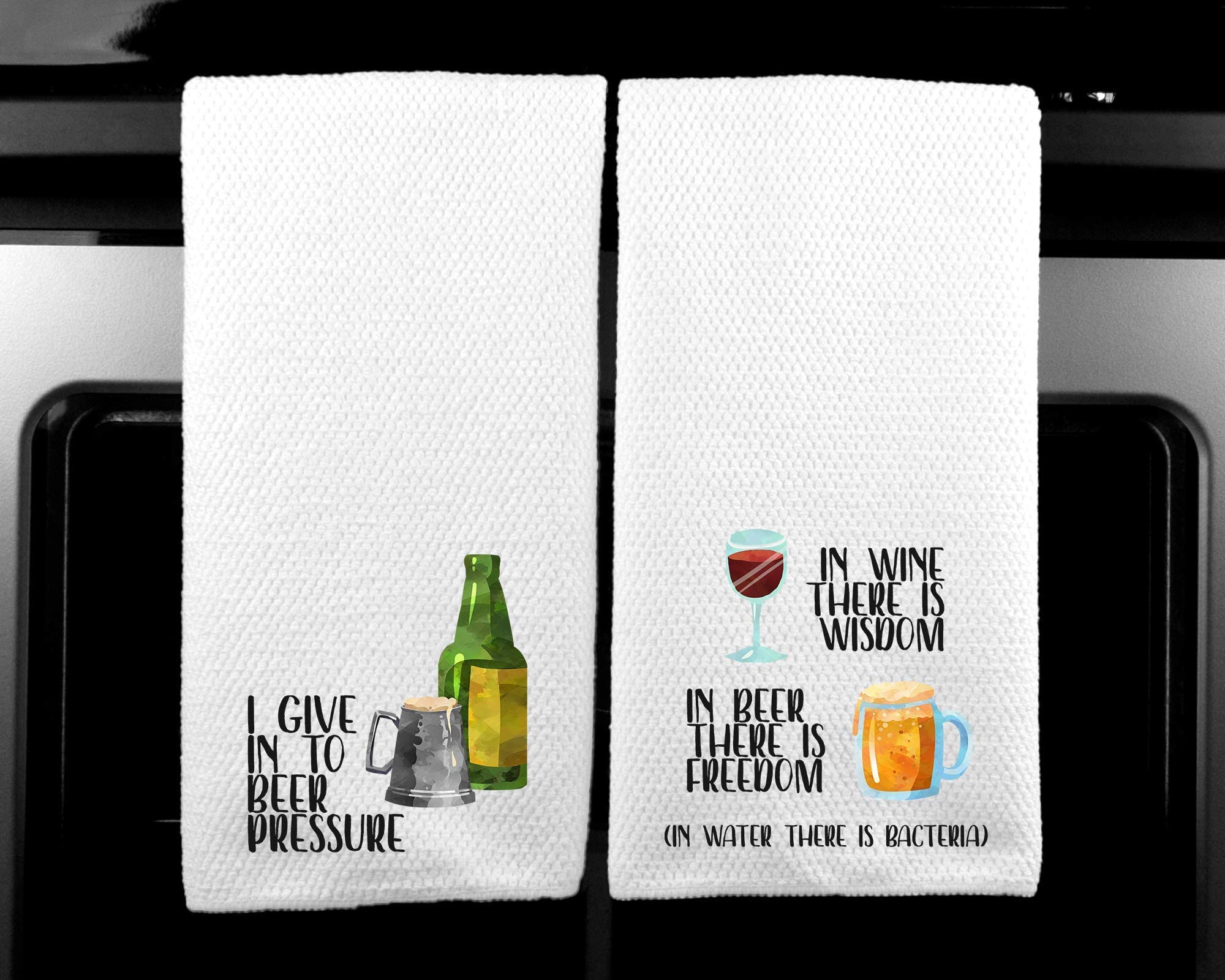 Beer Wine Bar Towels Funny Saying Kitchen Towel - Gift Set of 2