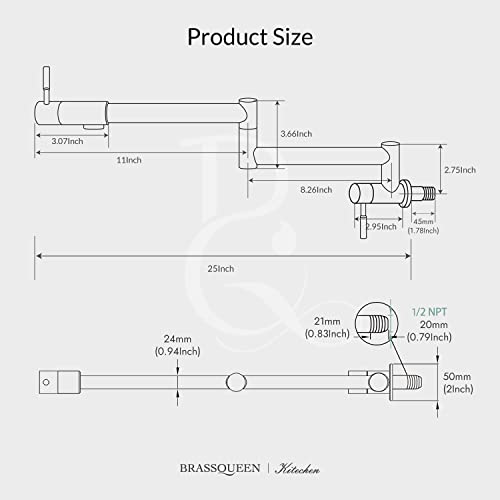 Brassqueen Wall Mounted Pot Filler Kitchen Faucet, Brushed Gold Finish, 2.2 GPM, 15 L/min, 1/2 NPT Connecting Thread, Stainless Steel Core, Dual Ceramic Valves, Anti-Scratch Matte Plating