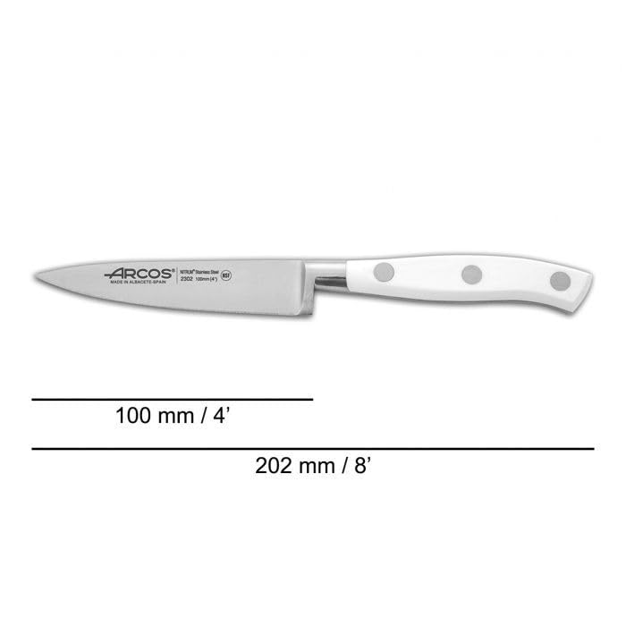 ARCOS Forged Paring Knife 4 Inch Stainless Steel. Kitchen Knife for Peeling Fruits and Vegetables. Ergonomic Polyoxymethylene Handle and 100mm Blade. Series Riviera Blanc. Color White